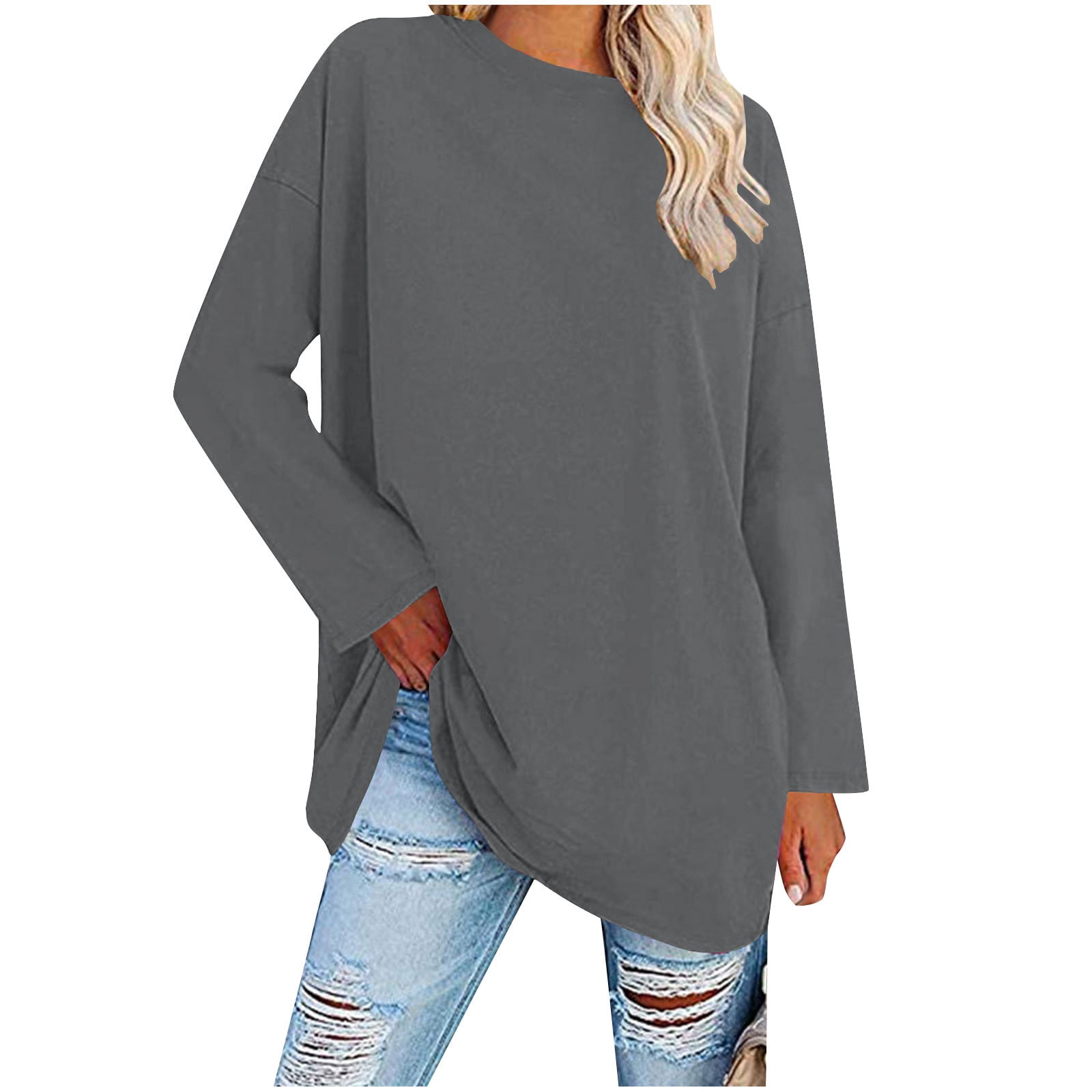 aidice Womens Tops Casual Round Neck Long Sleeve Loose Comfy Shirts ...