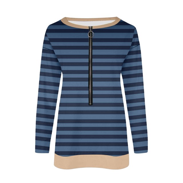 aidice Womens Tops Casual Round Neck Long Sleeve Striped Shirts Zip ...
