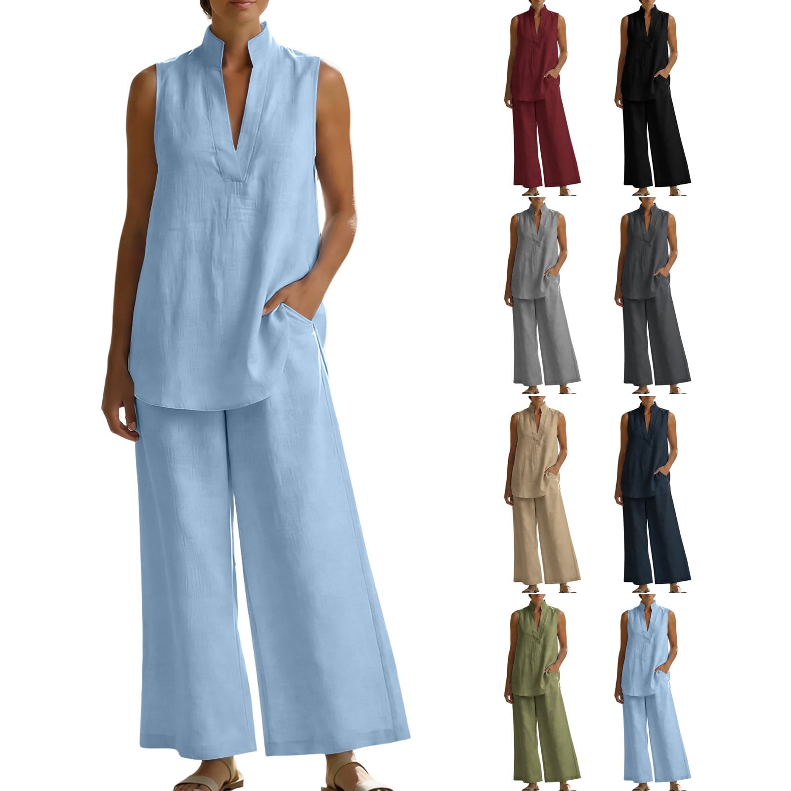 akafmk 2 Piece Pant Sets for Women Linen Sleeveless Top and Pants ...