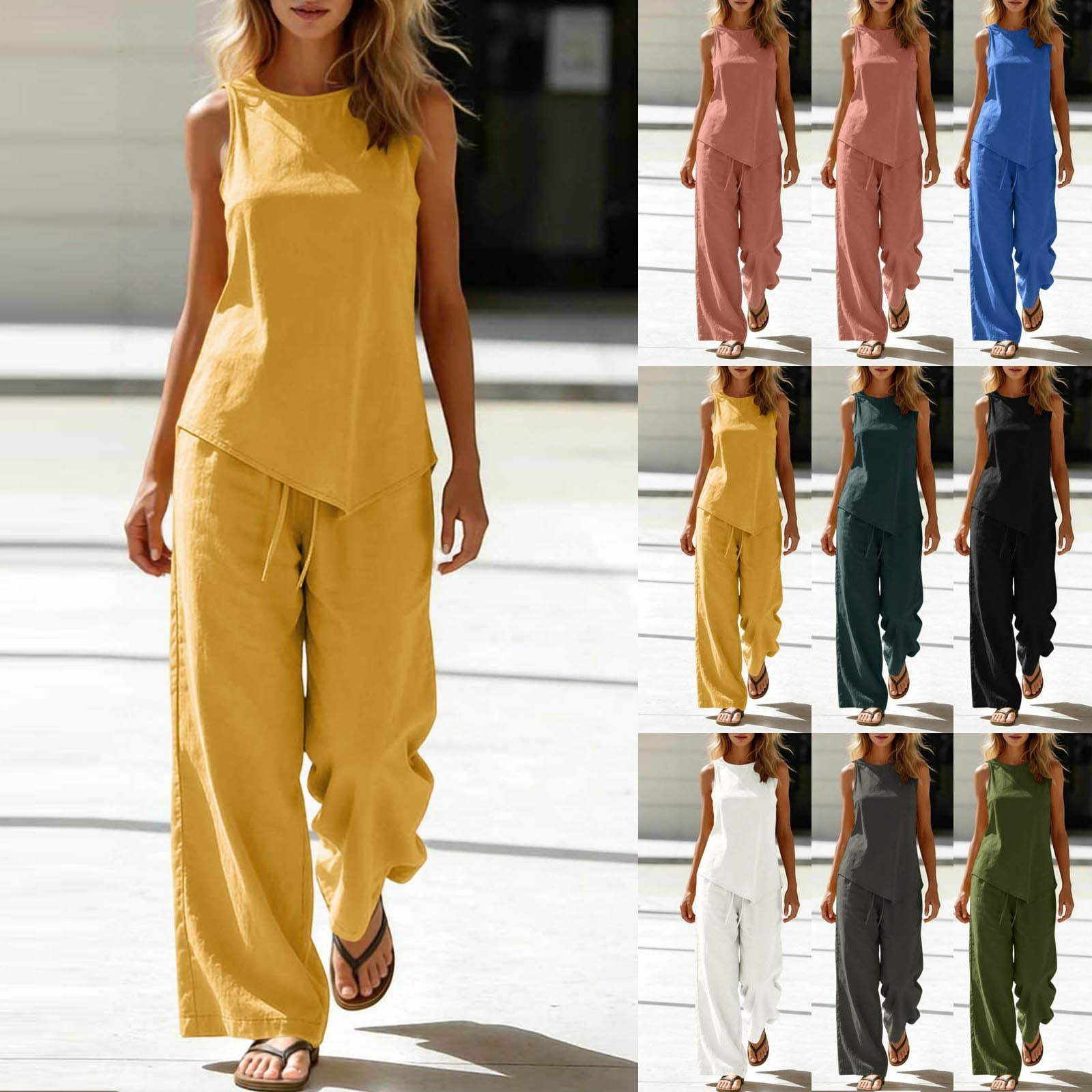 akafmk 2 Piece Pant Sets for Women Summer Linen Sleeveless Top and Wide ...