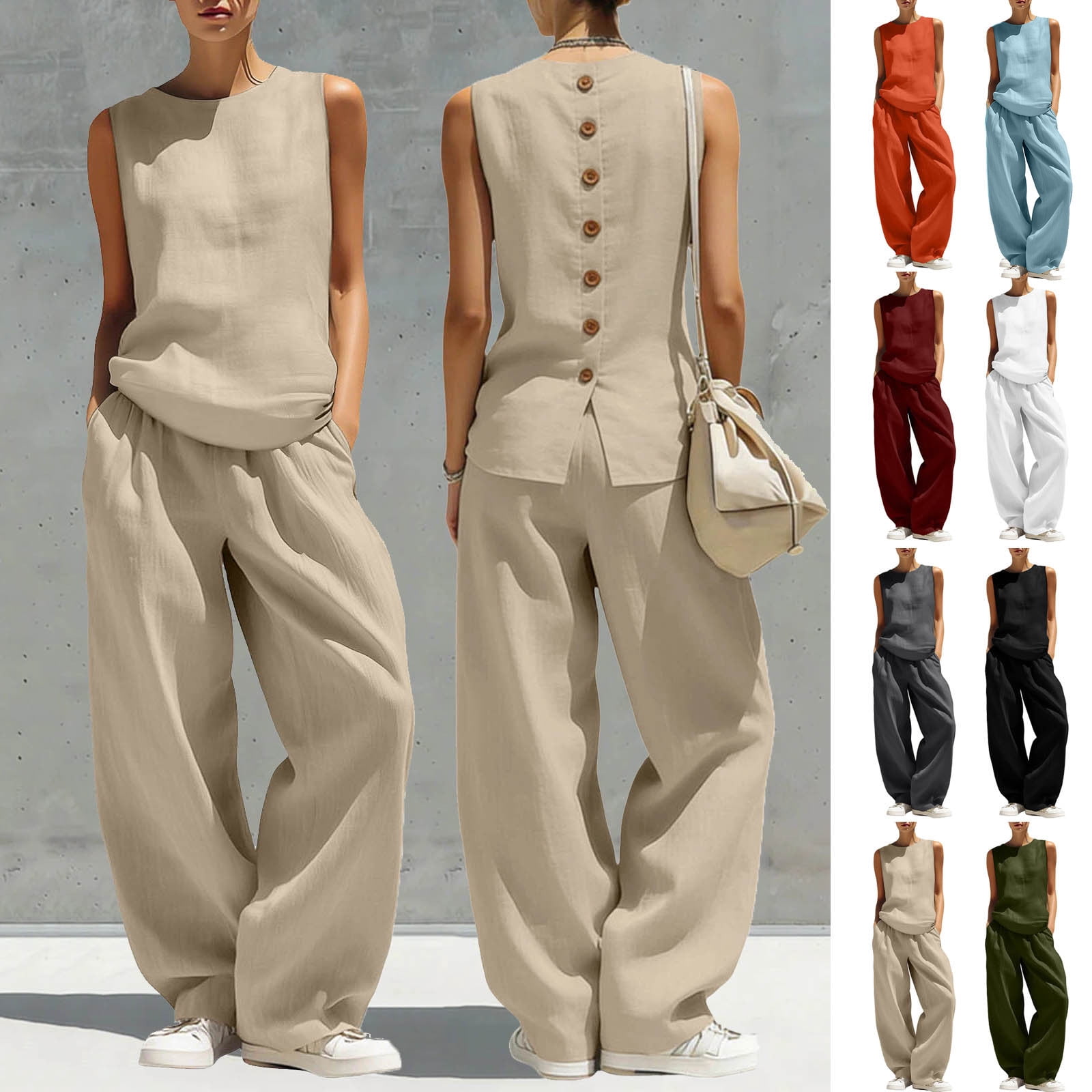 akafmk 2 Piece Sets for Women Casual Sleeveless Top and Wide Leg Pants ...
