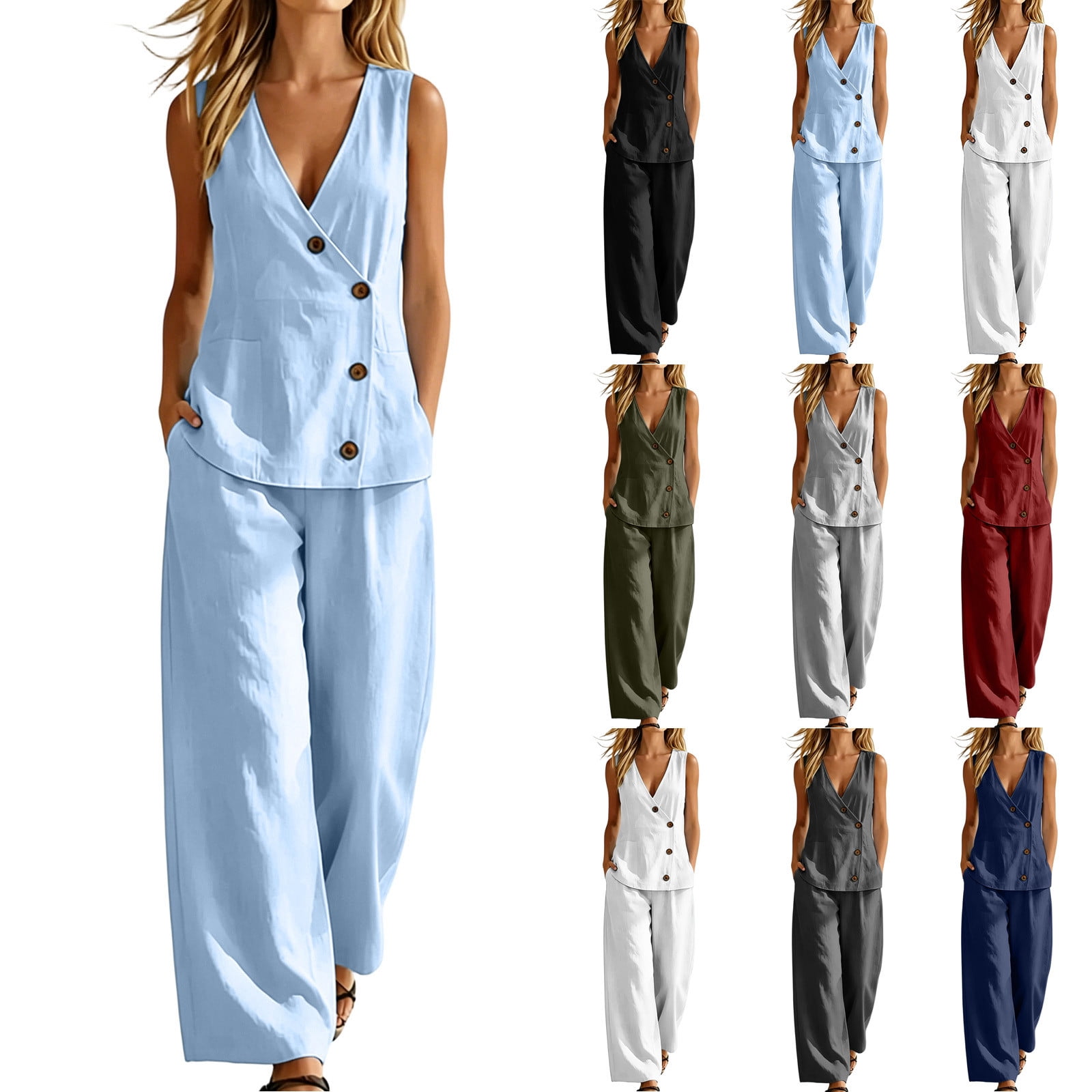 akafmk 2 Piece Sets for Women Loose V Neck Tank Top and Wide Leg Pants ...