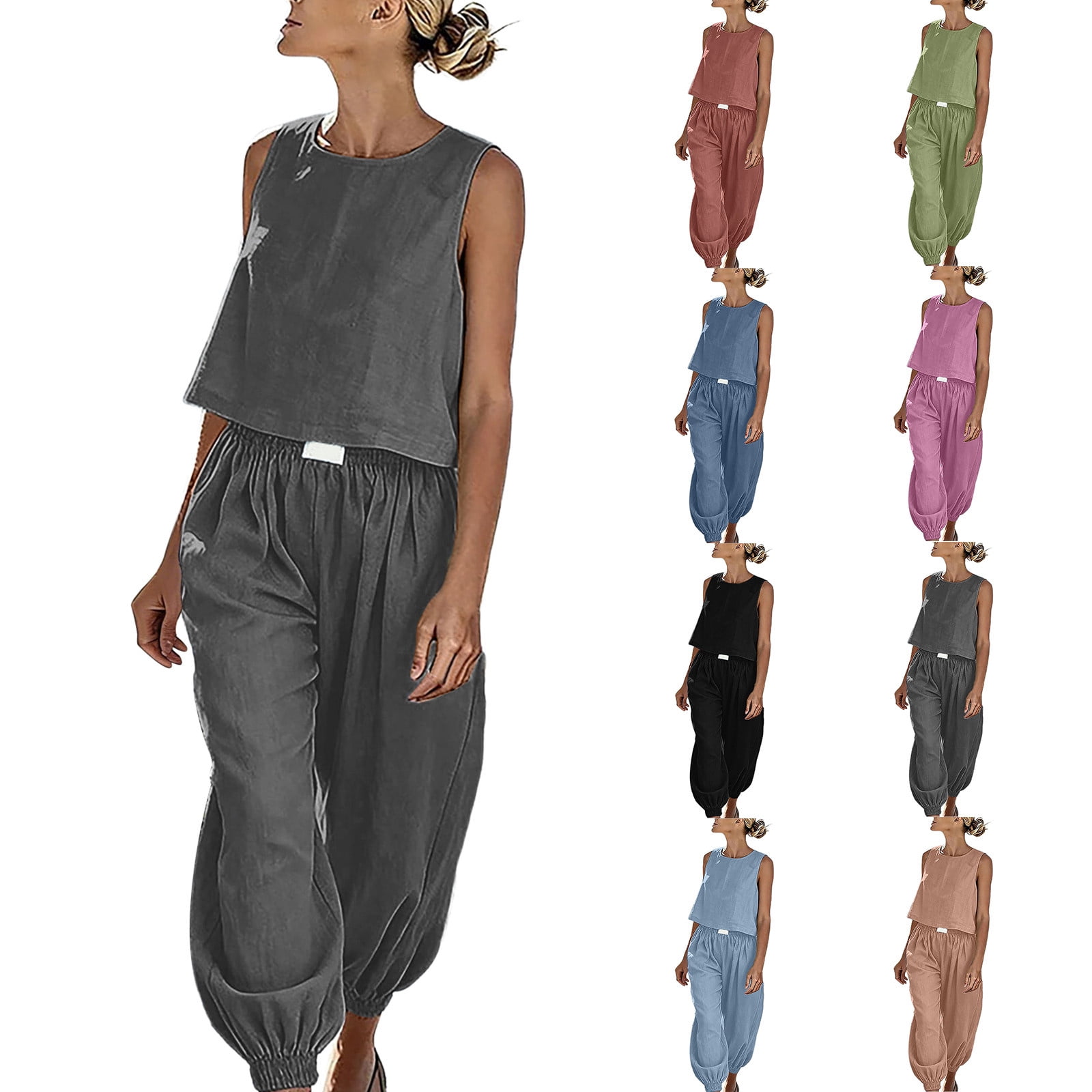 akafmk 2 Piece Sets for Women Summer Crewneck Sleeveless Top and ...