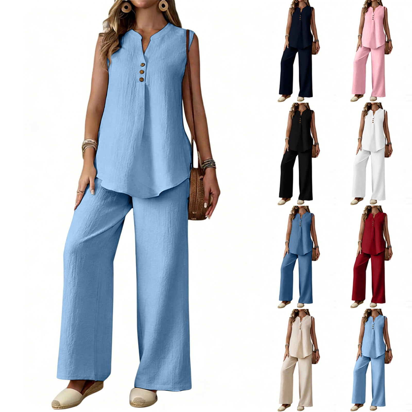 akafmk 2 Piece Vacation Outfits for Women Summer Sleeveless Button Down ...