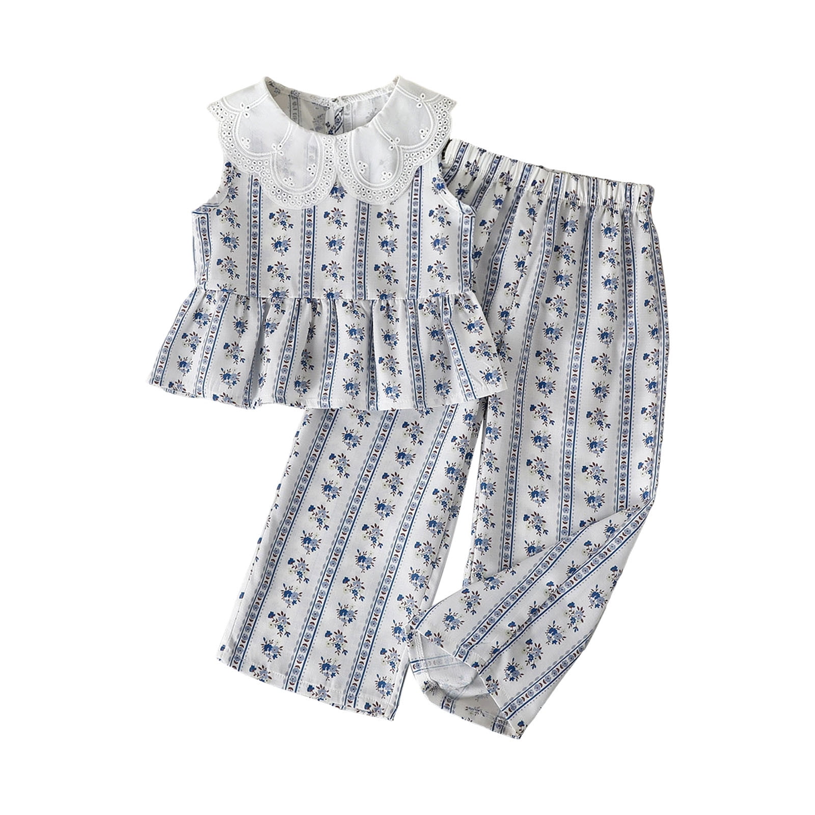 akafmk Girls 2-Piece Outfit Sets Cute Floral Print Lace Ruffle ...