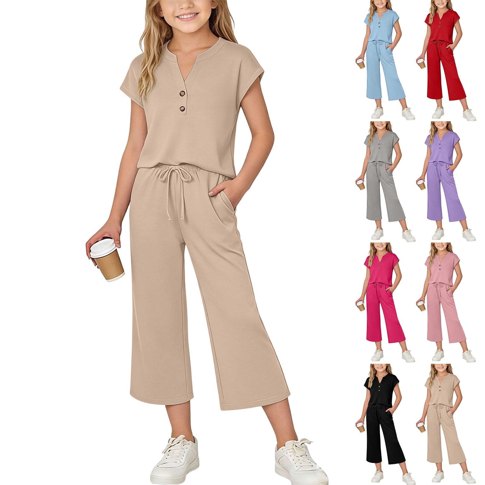 akafmk Girls 2 Piece Outfit Sets Short Sleeve Henleys Shirts and Pants ...