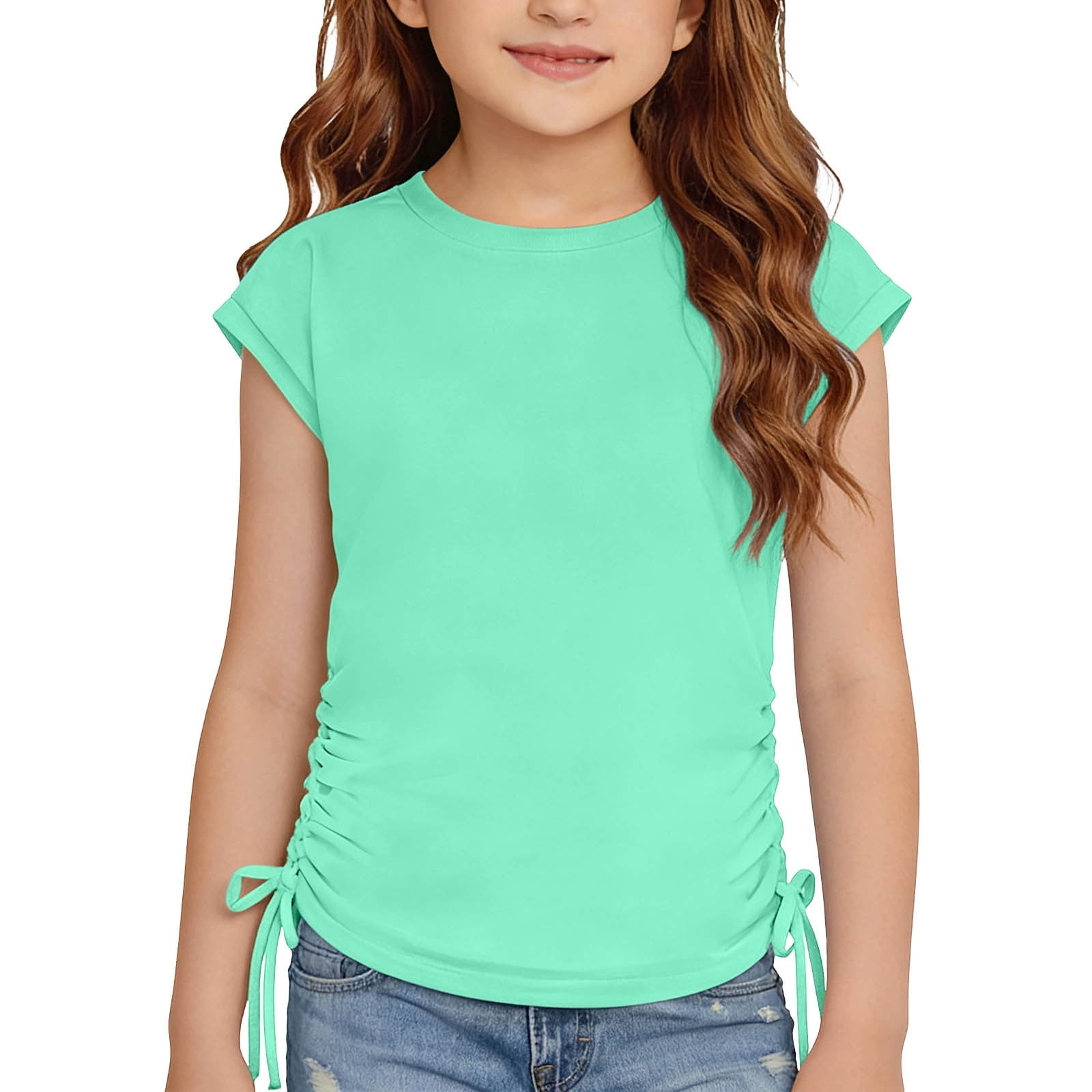 akafmk Girls Cap Sleeve T Shirts Side Ruched Drawstring Crewneck Summer ...