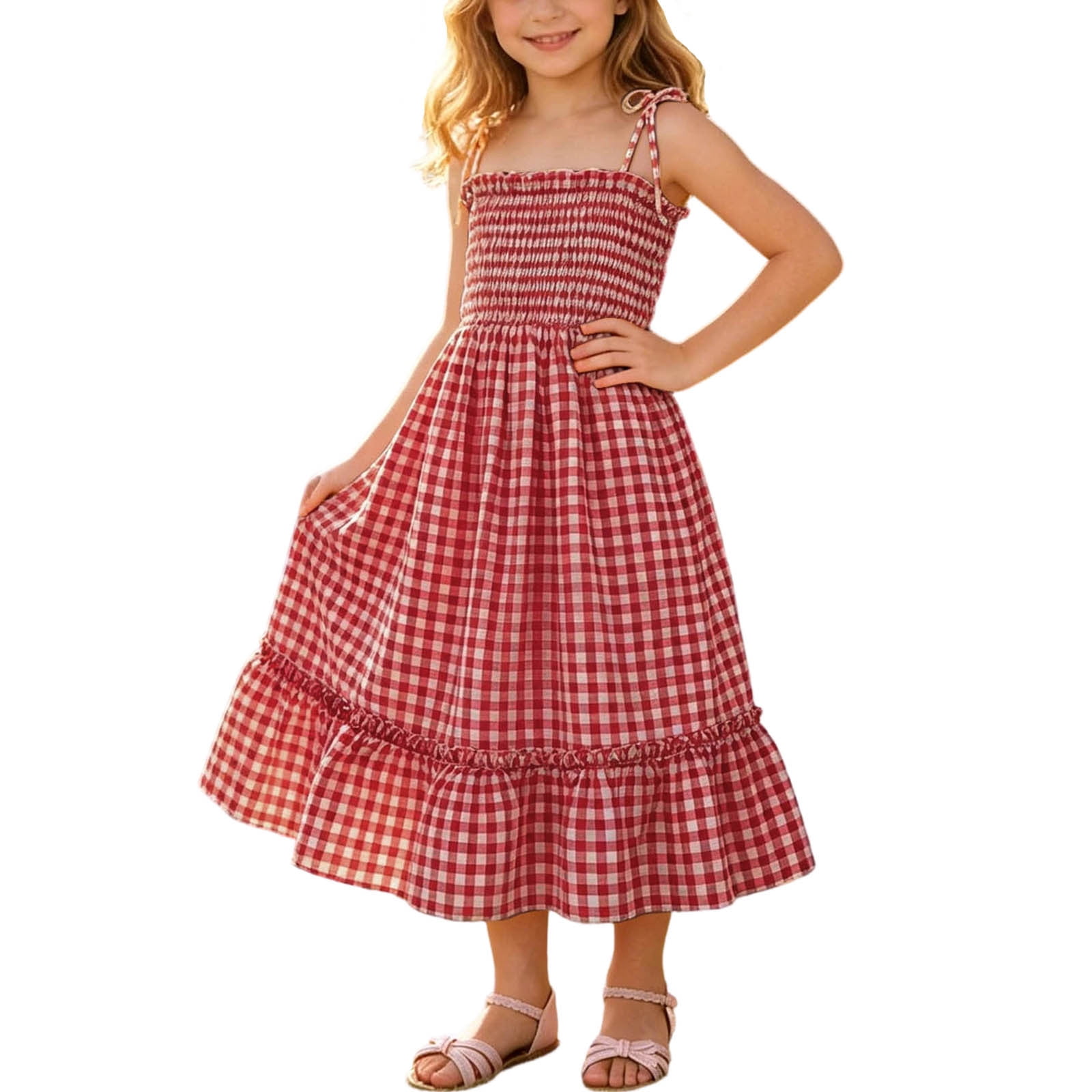akafmk Girls Casual Sundresses Ties Ruffle Flowy Cami Strap Long Casual ...