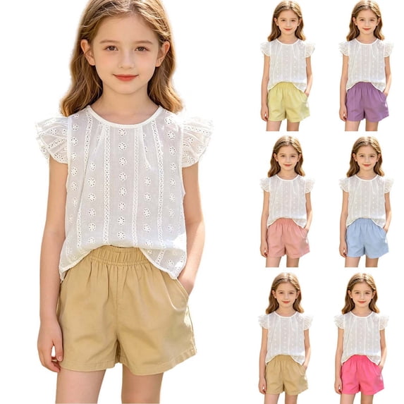 akafmk Girls Cute Outfits 2 Piece Shorts Sets Hollow Out Flutters ...