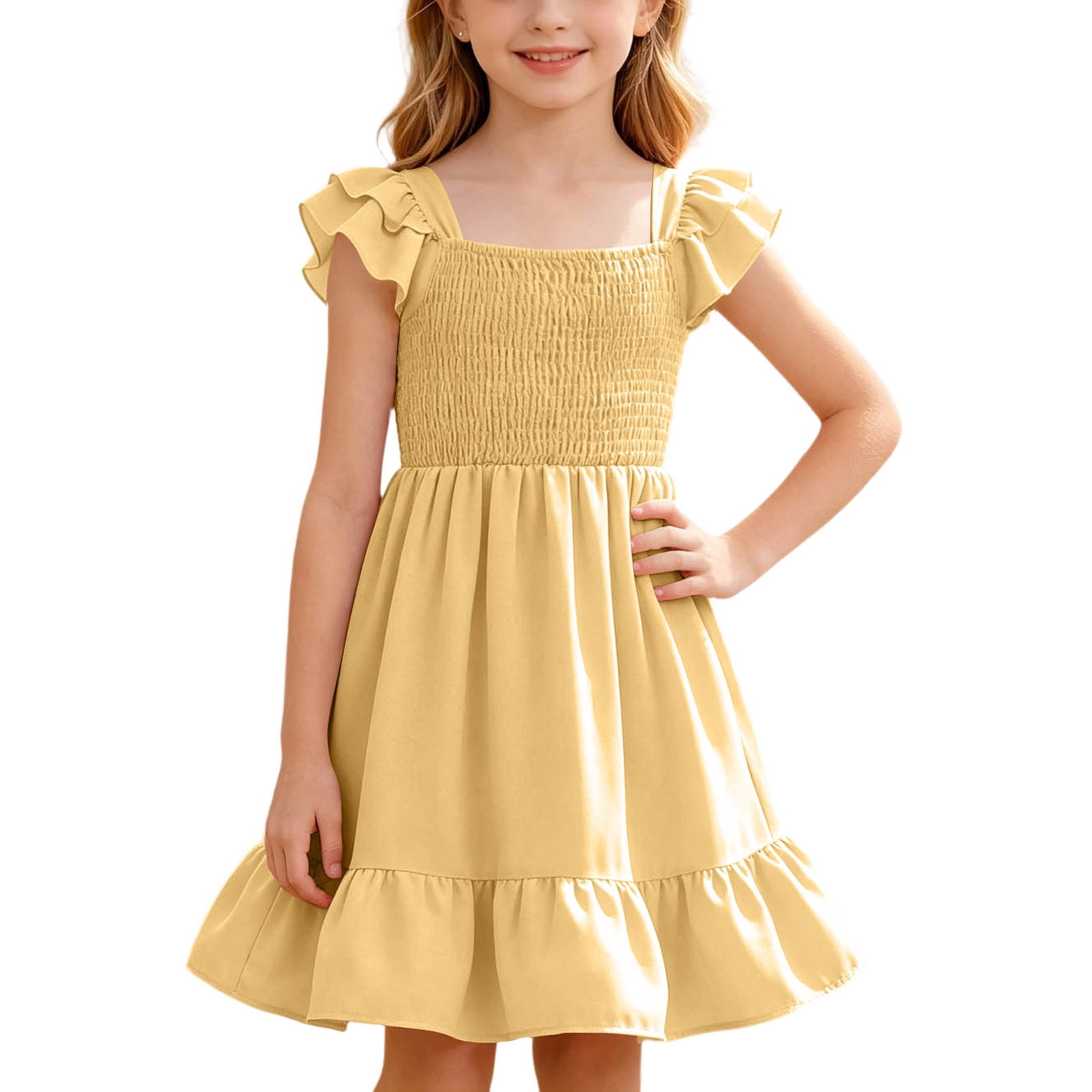 akafmk Girls Flowy Dresses Short Sleeve Smocked Ruffle Tiesred Summer ...