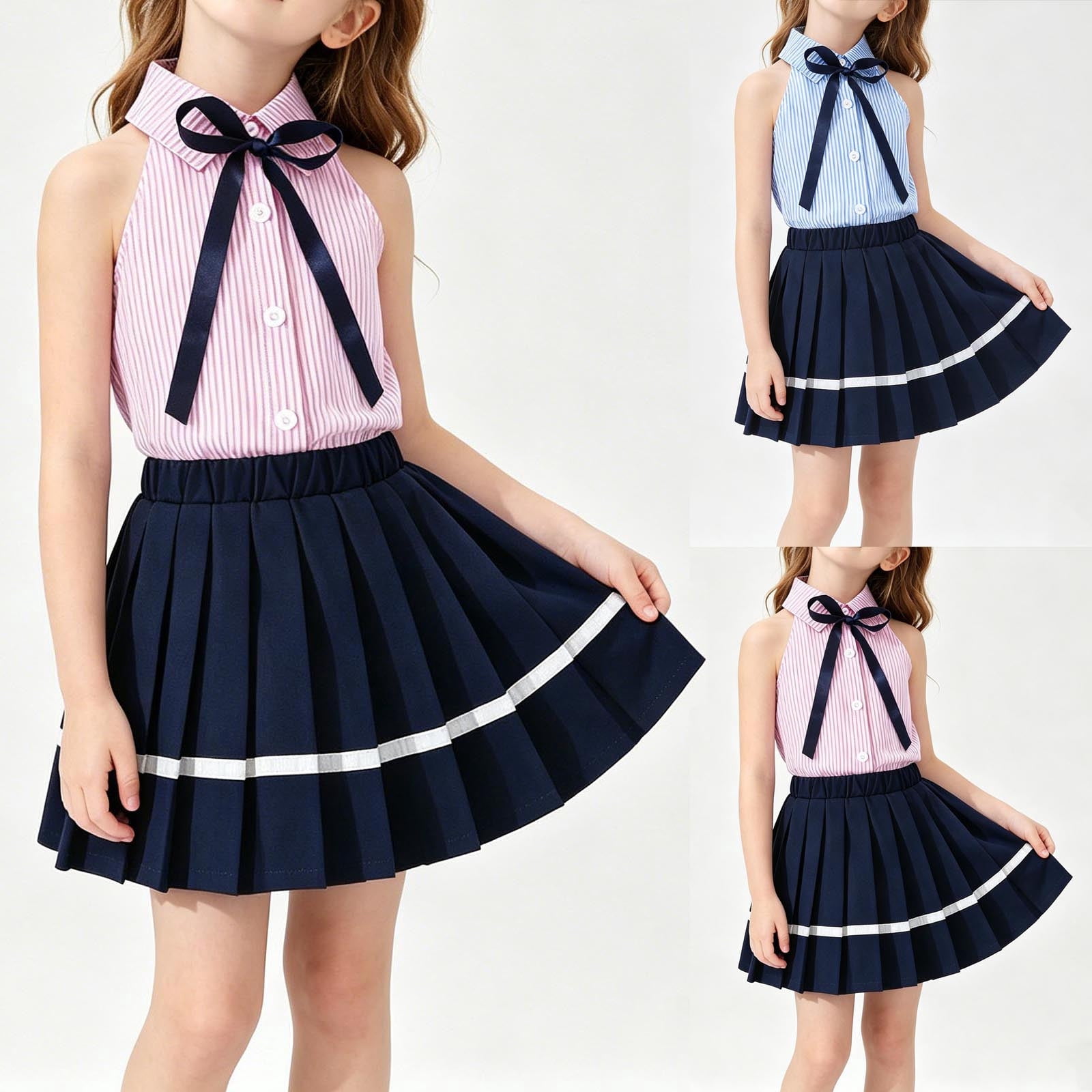 akafmk Girls Uniform 2 Piece Striped Sleeveless Halters Lapel Tops ...