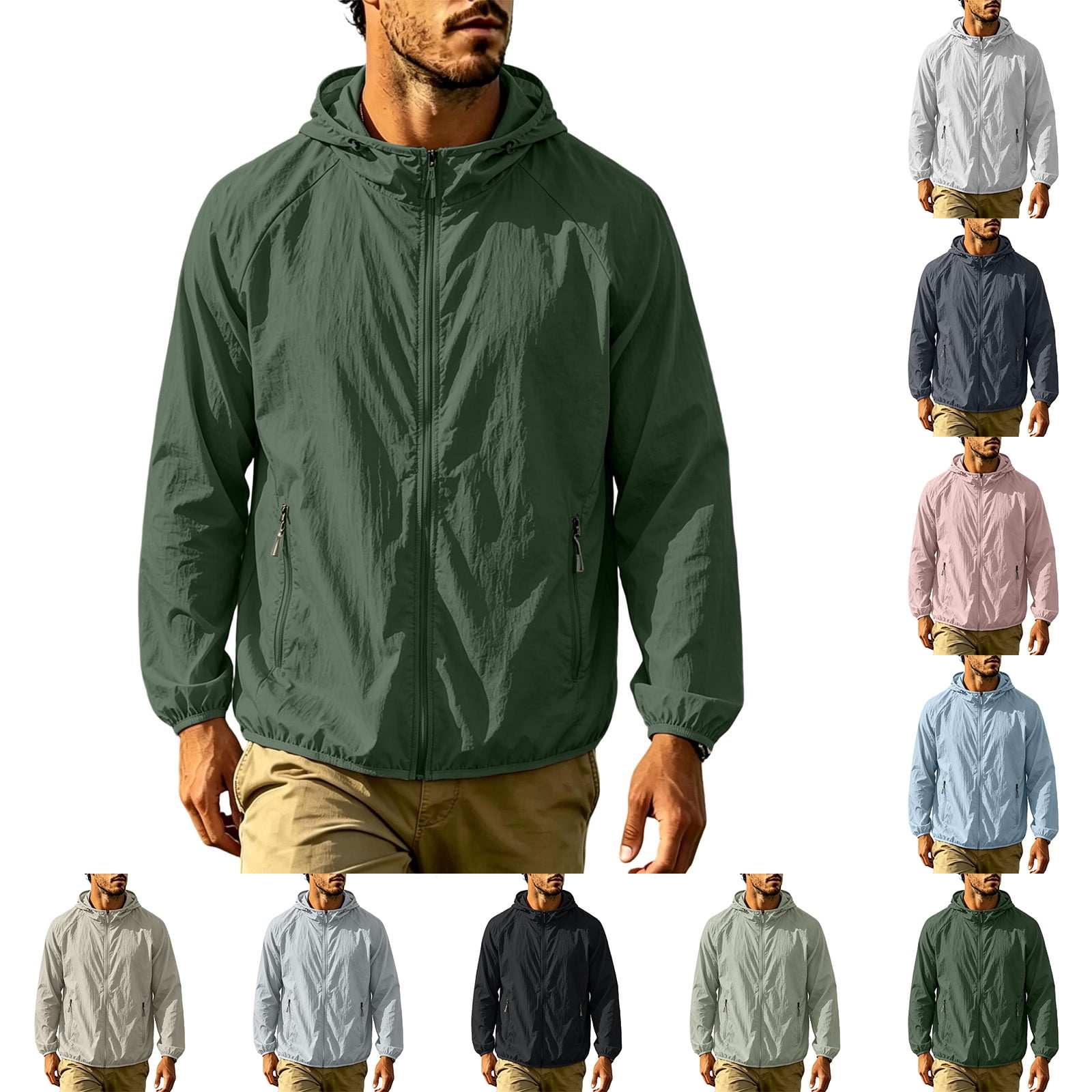 akafmk Mens Lightweights Sun Protection Jacket Hooded Zip Up Loose ...