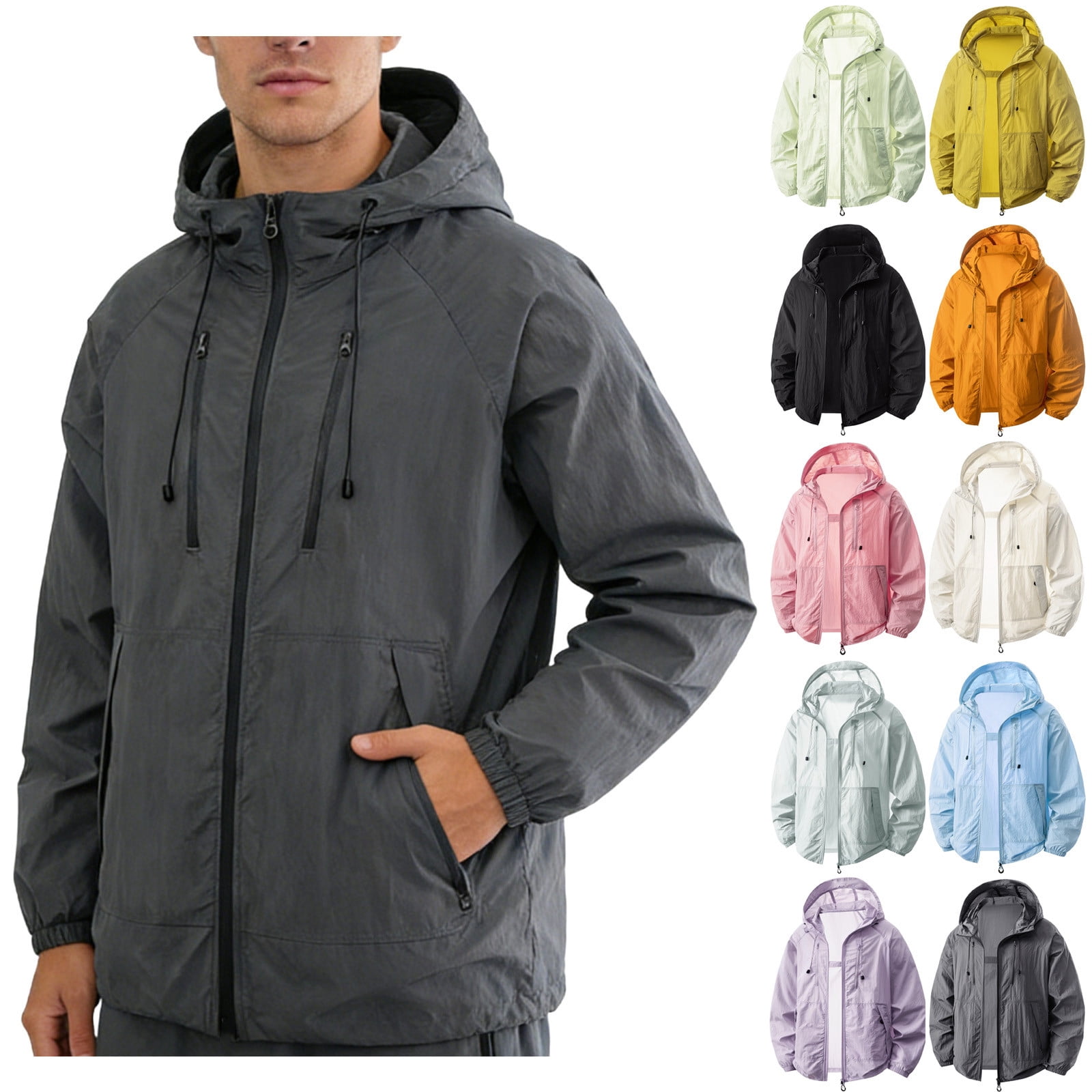 akafmk Mens Sun Protection Jacket Lightweights Hooded Zip Up Summer ...