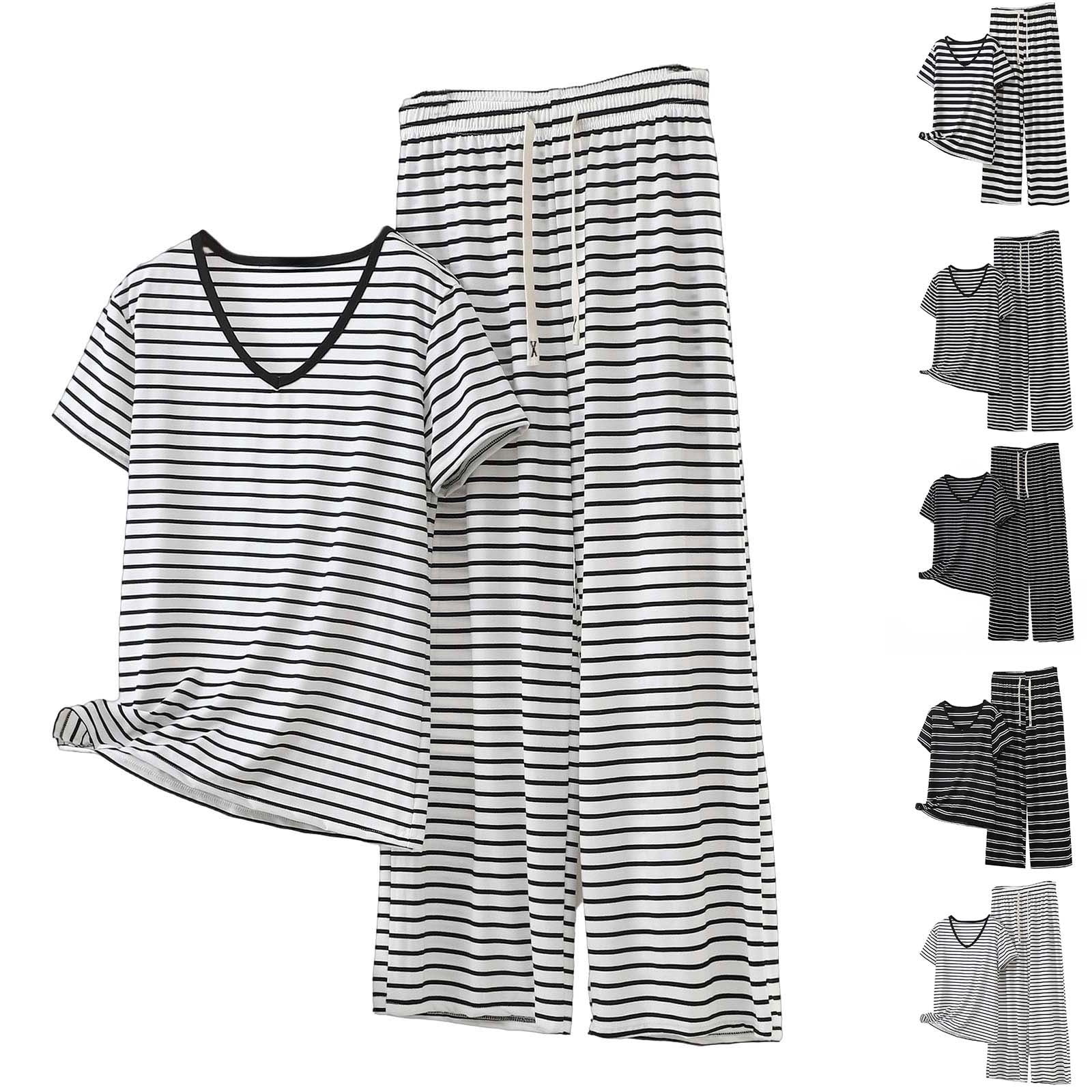 akafmk Plus Size Pajama Sets for Women 2 Piece Striped V Neck Short ...