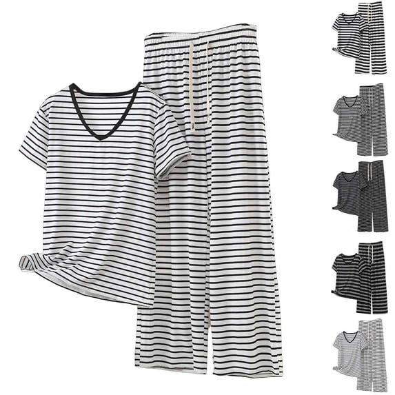 akafmk Plus Size Pajama Sets for Women 2 Piece Striped V Neck Short ...