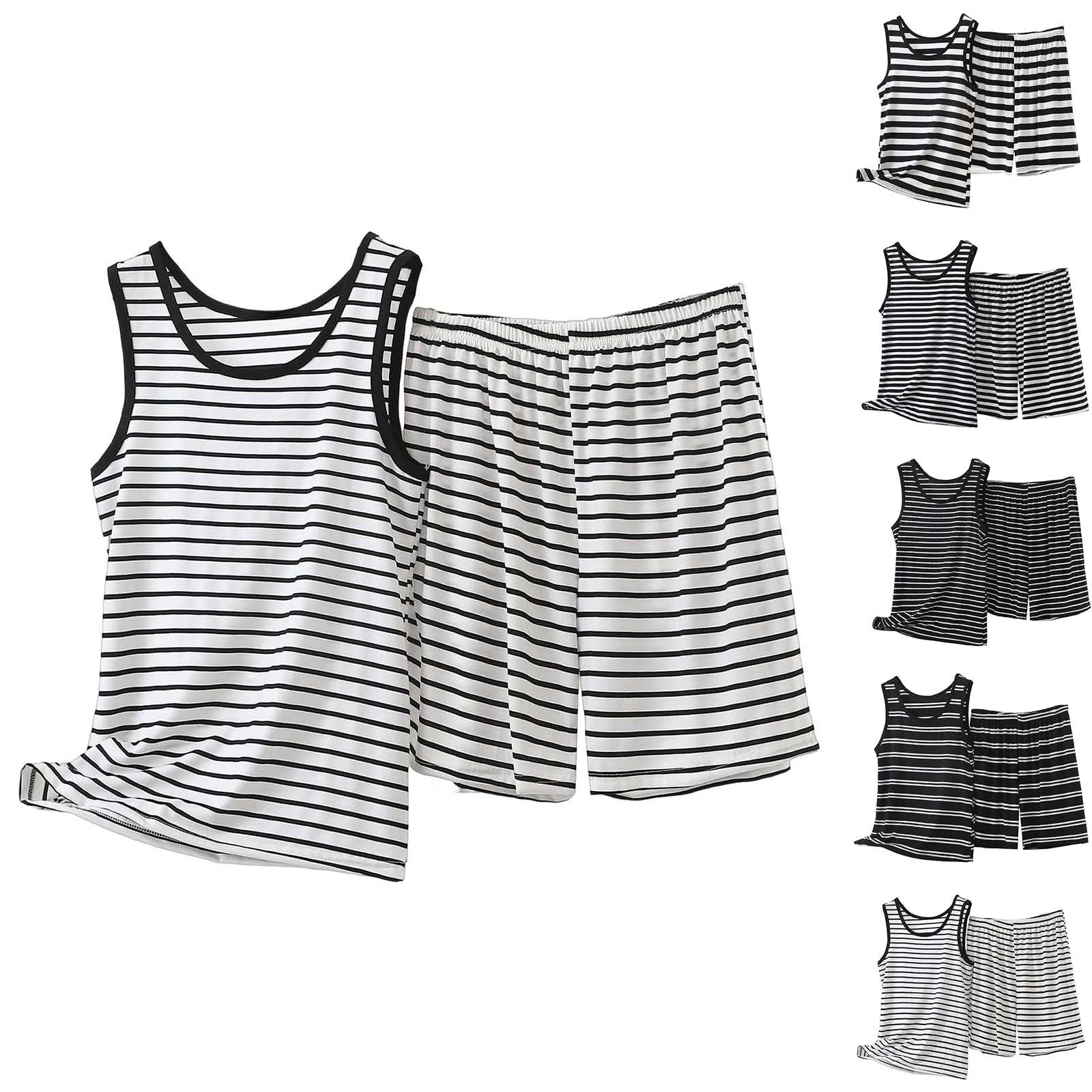 akafmk Plus Size Sleepwear Sets 2 Piece for Women Striped Crewneck Tank ...