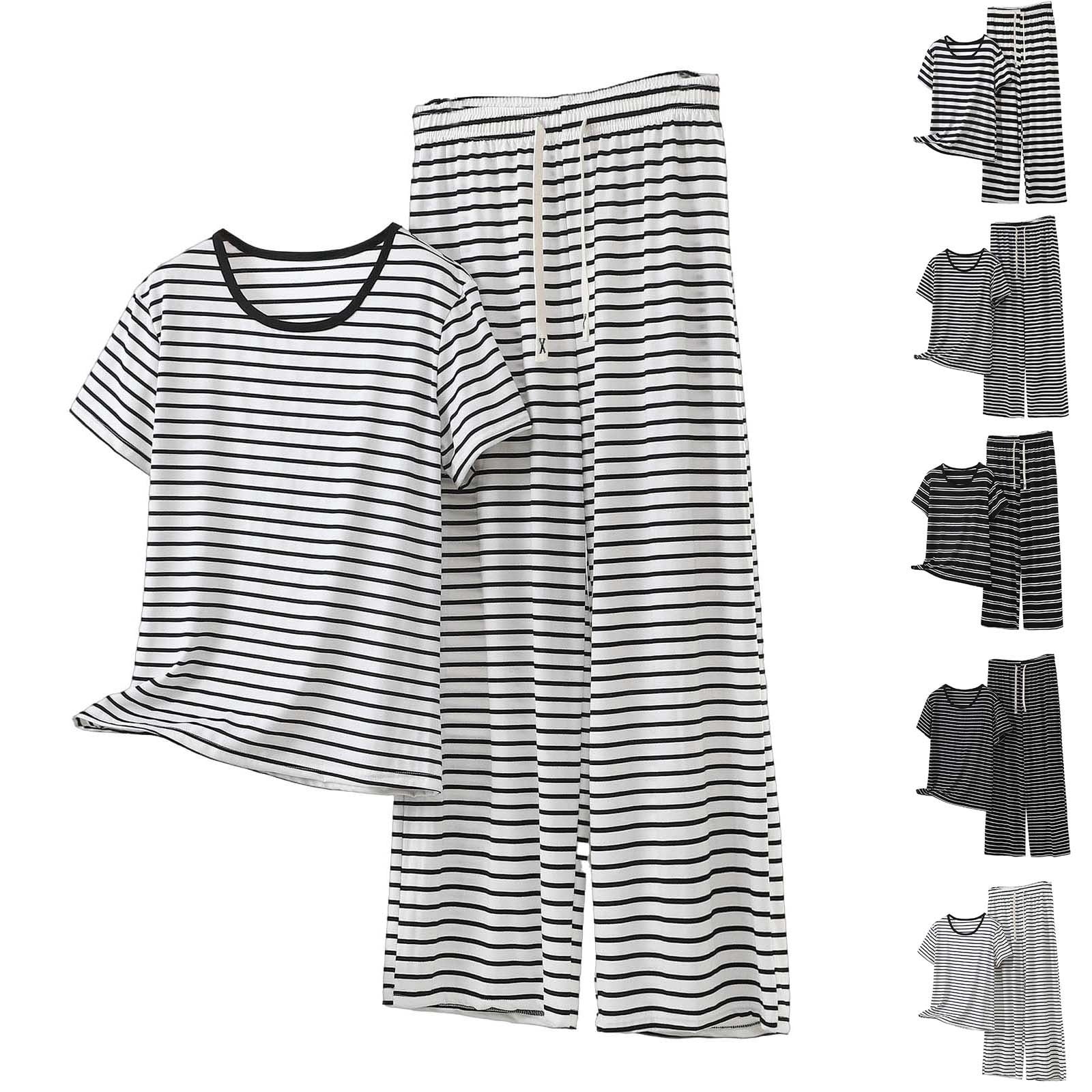 akafmk Plus Size Womens 2 Piece Outfits Striped Crewneck Short Sleeve ...