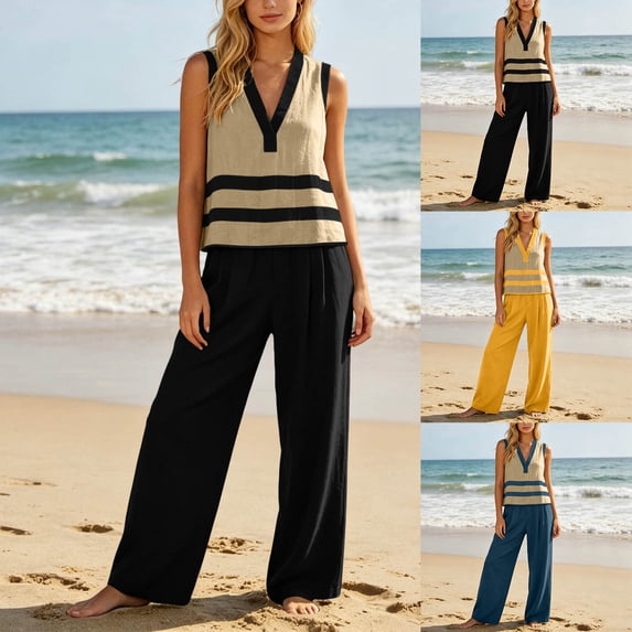 akafmk Summer Womens 2 Piece Set Beach Outfits Colorblock V Neck ...