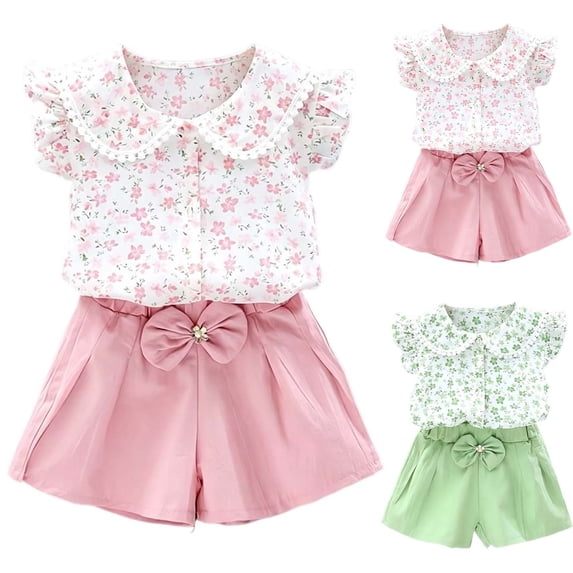 akafmk Toddler Girls Cute Outfit Sets Floral Collared Ruffle Sleeve ...