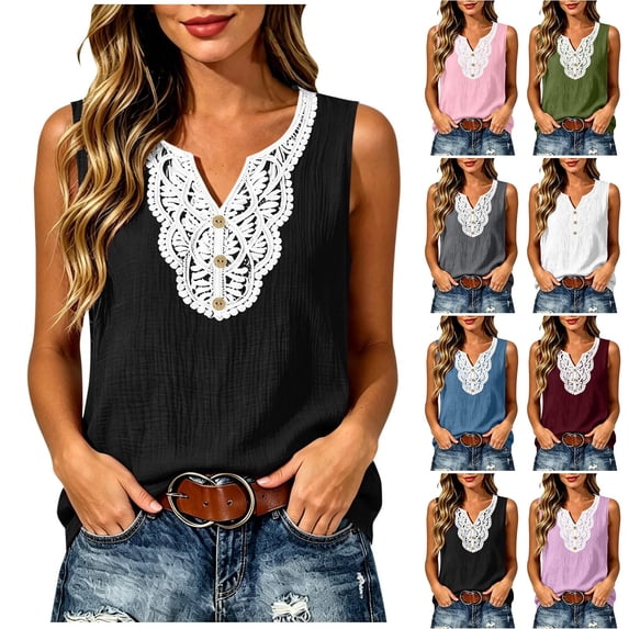 akafmk Women's Lace Tank Tops Sleeveless Pullover Tops V Neck Double ...