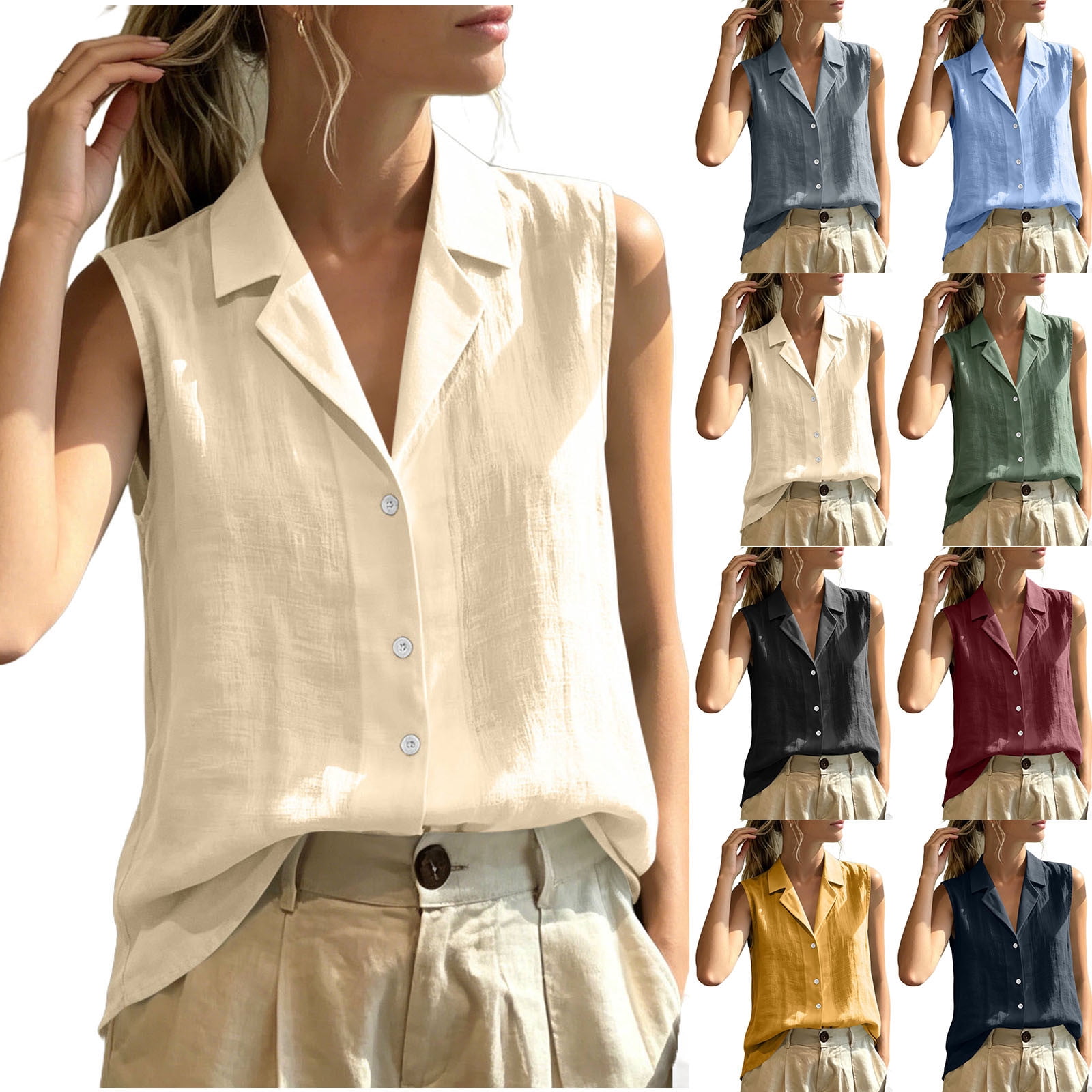 akafmk Women's Linen Sleeveless Shirts Collared Button Down Casual Tank ...