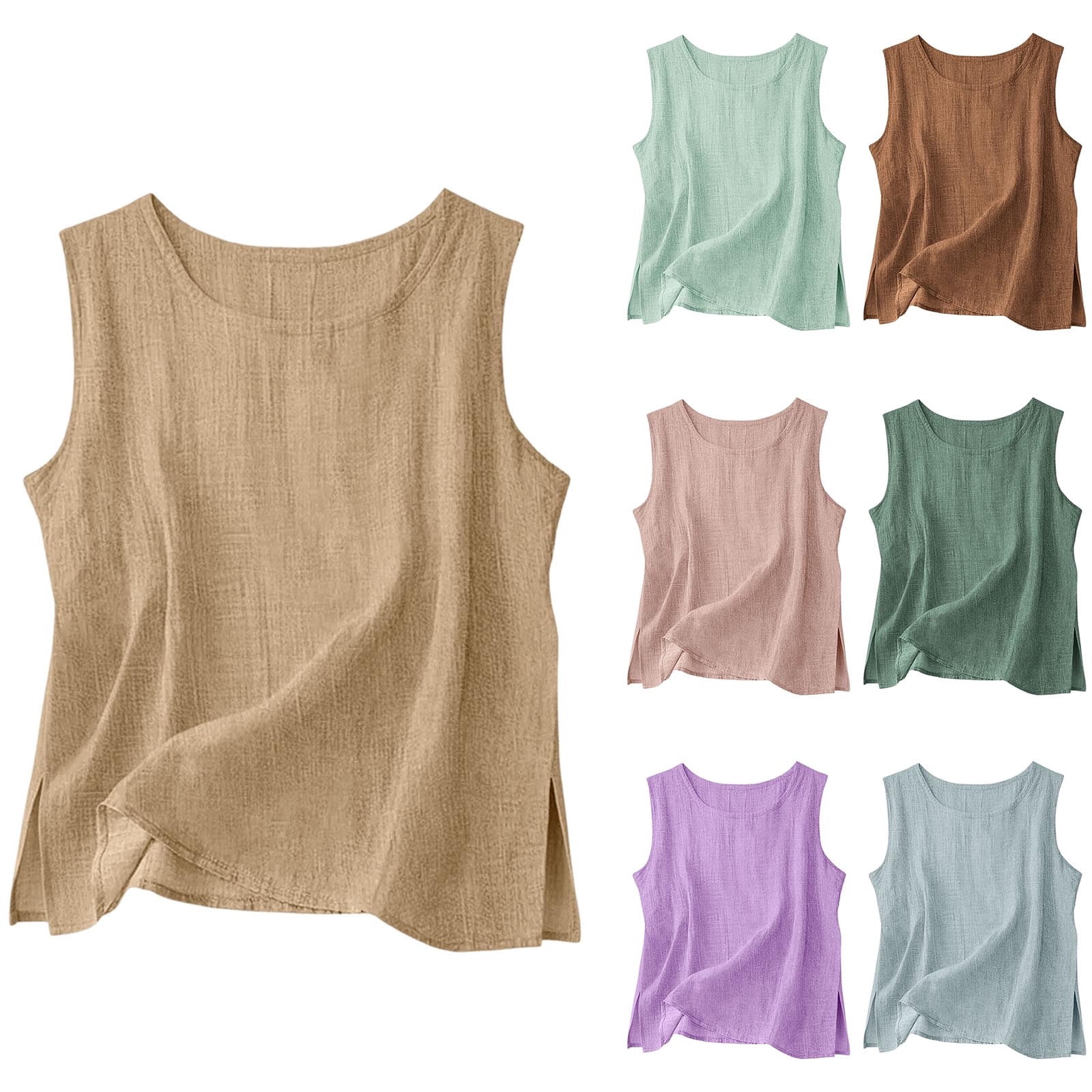 akafmk Women's Loose Tank Tops Side Split Crew Neck Comfortable ...
