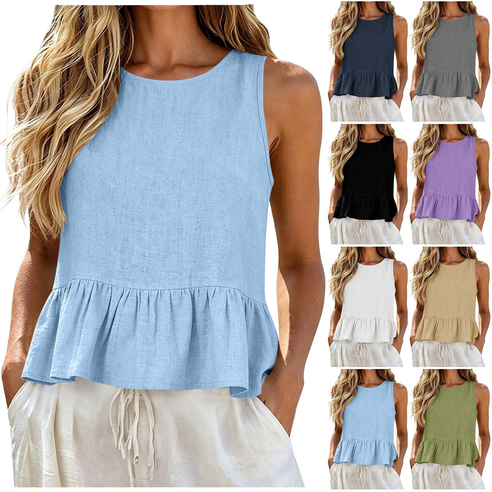 akafmk Women's Ruffle Sleeveless Tops Cute Runched Crew Neck Linen ...