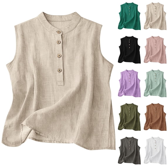 akafmk Women's Sleeveless Henleys Shirts Linen Tank Tops Crewneck ...