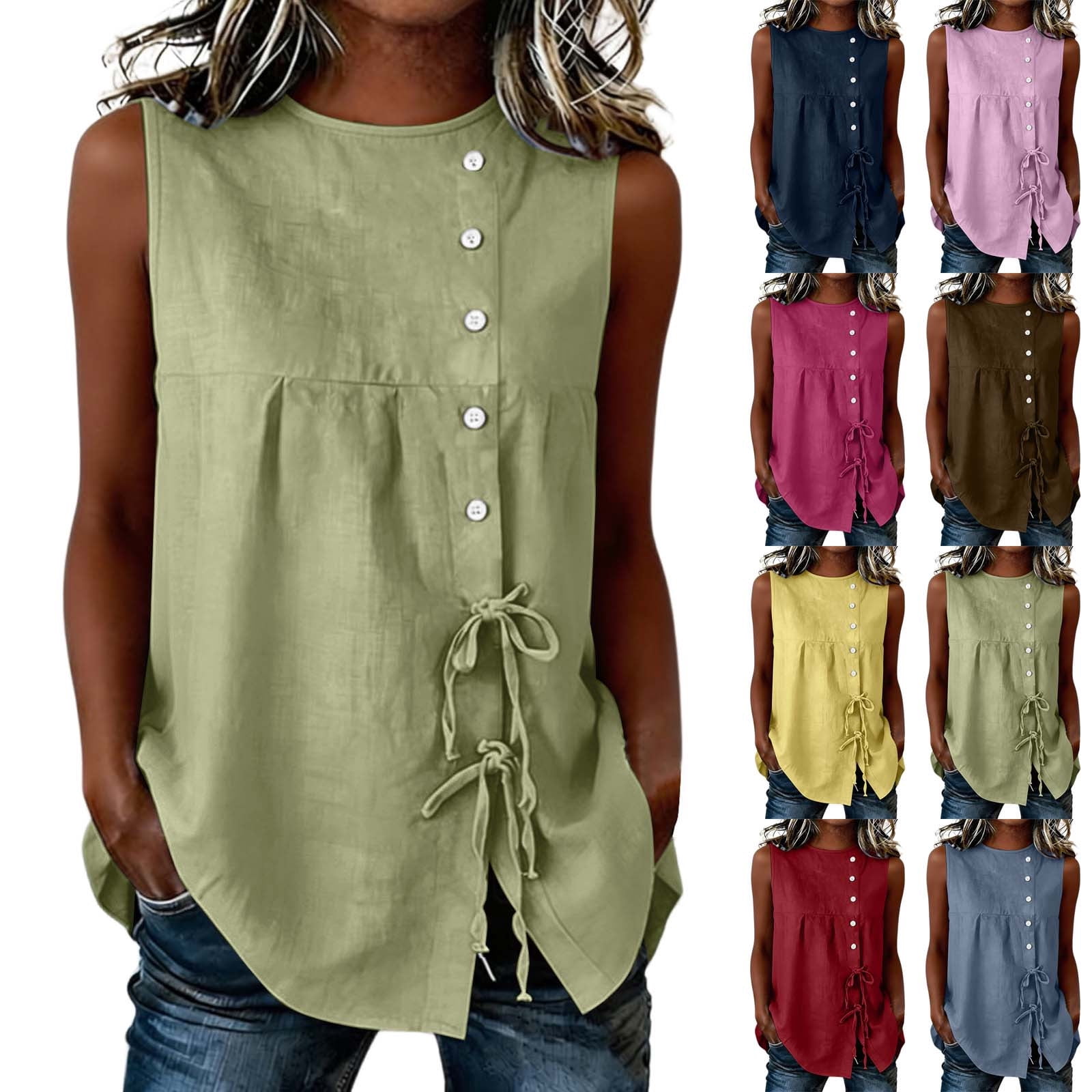 akafmk Women's Sleeveless Shirts Tied Fashion Tank Tops Crew Neck ...