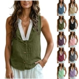 akafmk Women's V Neck Lace Tank Tops Linen Solid Color Sleeveless ...