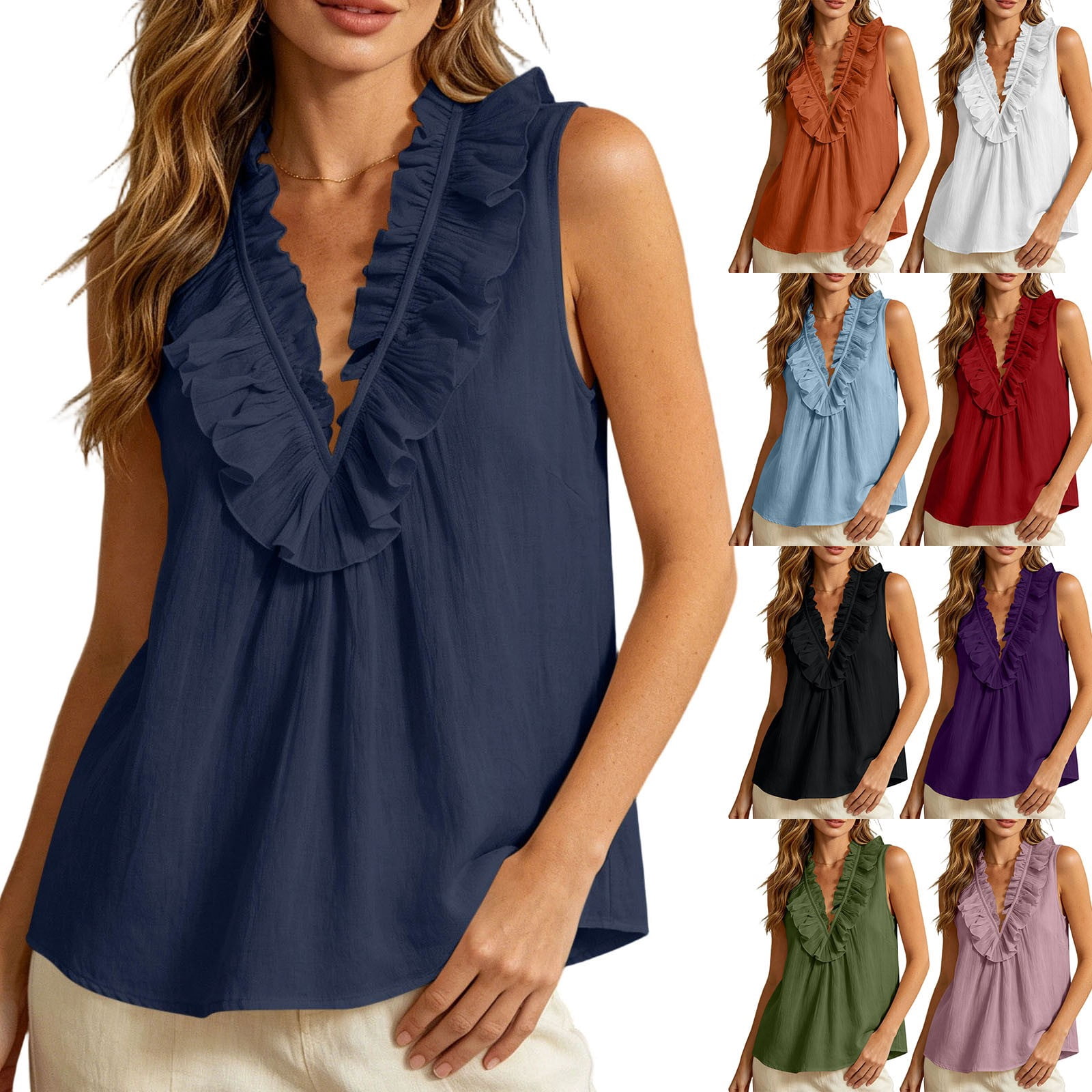 akafmk Women's Wavy Neck Sleeveless Tank Tops Ruched slim Fitted Solid ...