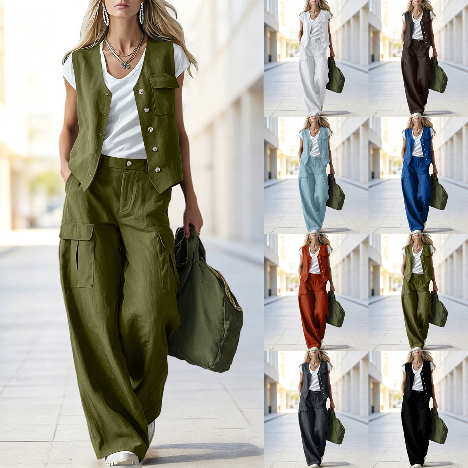 akafmk Womens 2-Piece Outfits Linen Crop Vests Blazer with Wide Leg ...