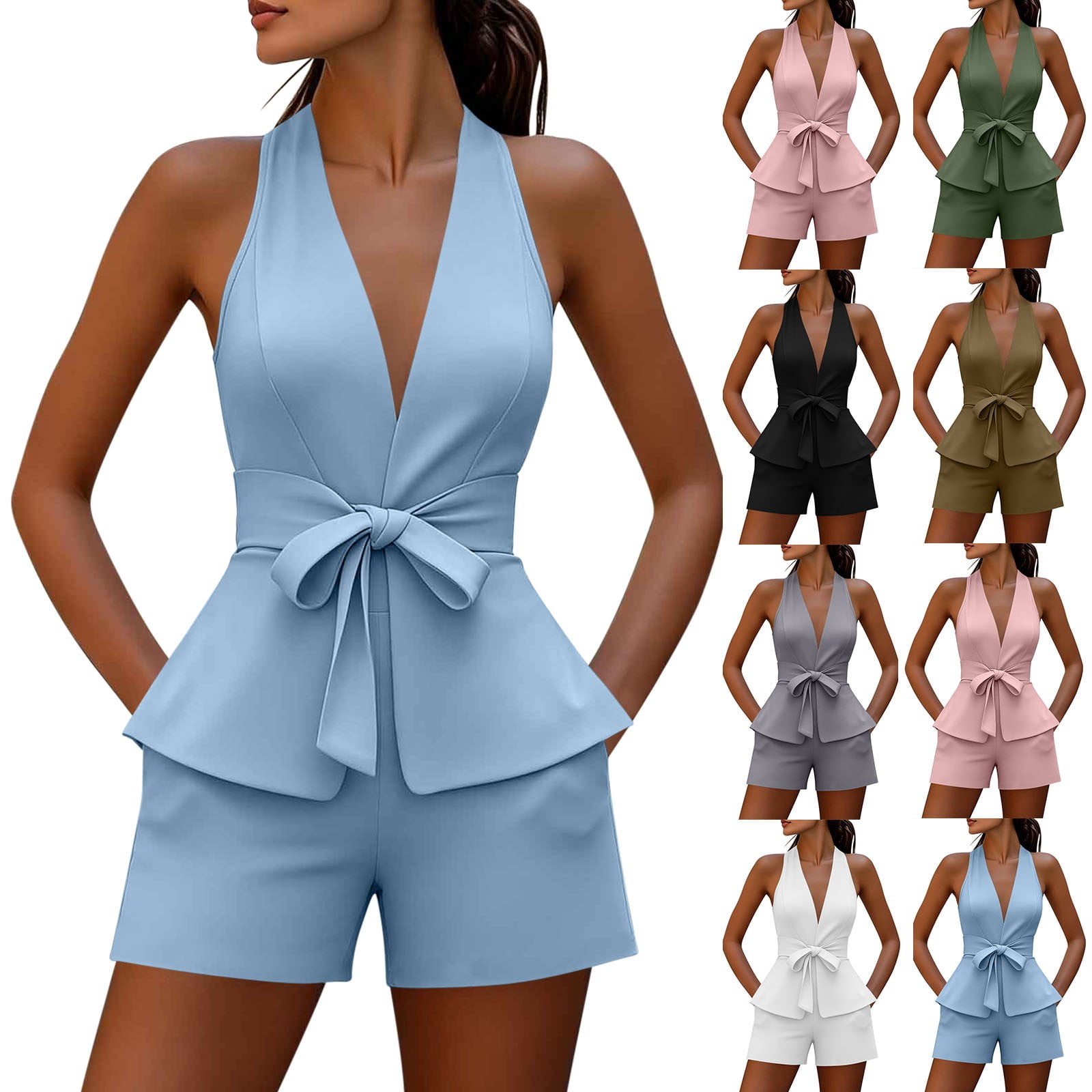 akafmk Womens 2 Piece Outfits Sleeveless Deep V Neck Peplum Top and ...