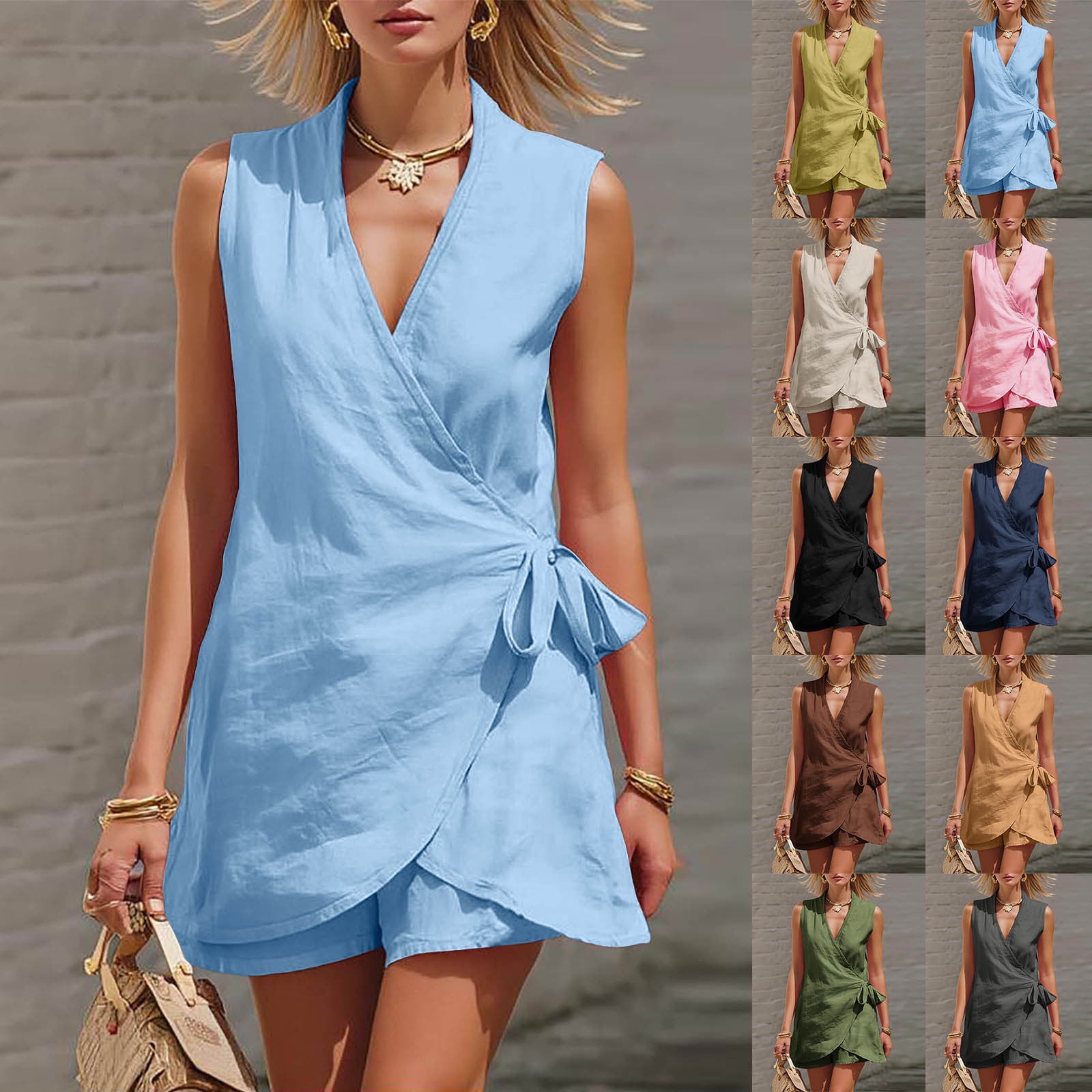 akafmk Womens 2 Piece Sets Dressy Casual Outfits Wrap V Neck Blazer ...