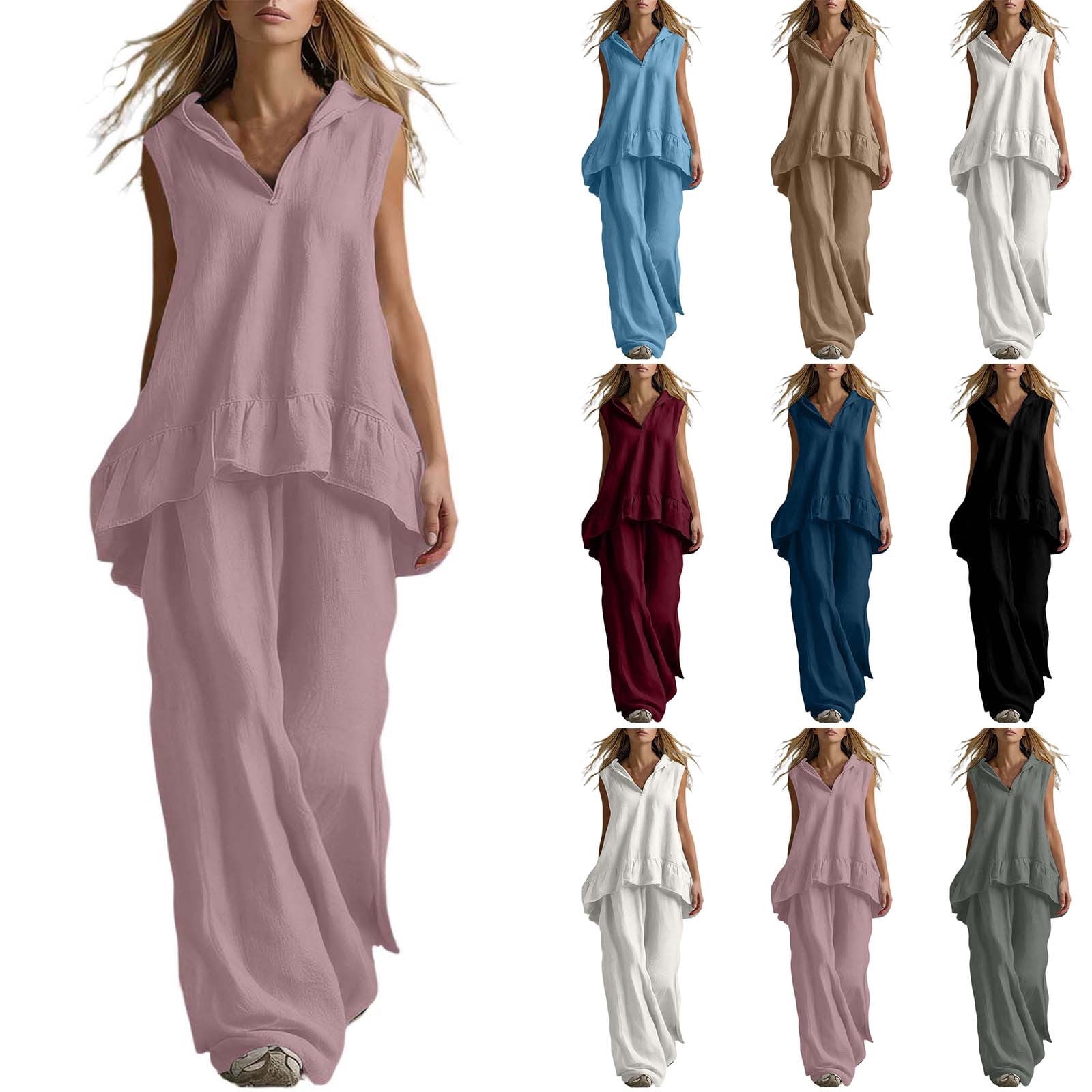 akafmk Womens 2 Piece Sets Linen Ruffle Sleeveless Hooded Top with Wide ...