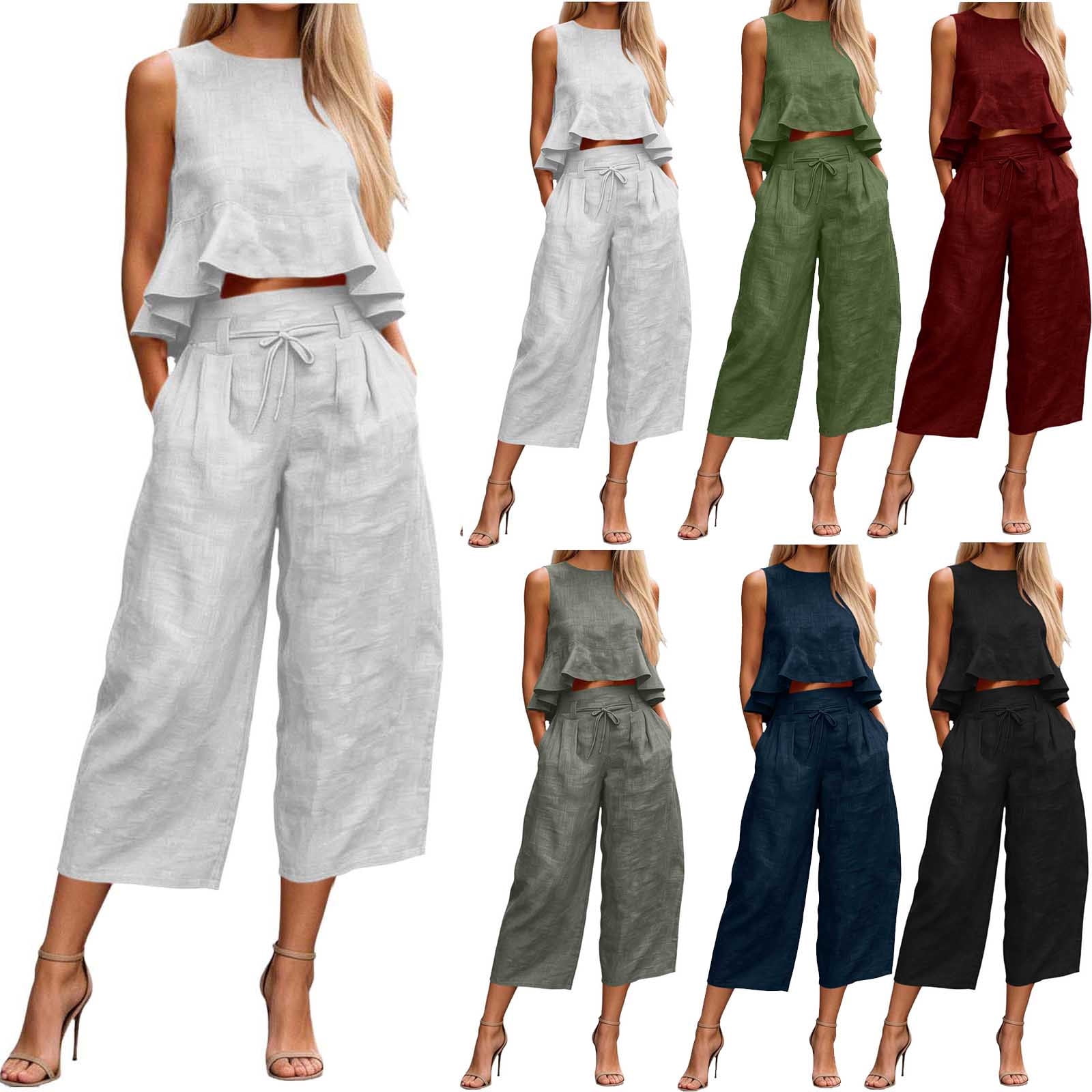 akafmk Womens 2 Piece Sets Linen Sleeveless Tank Top and Capris Pants ...