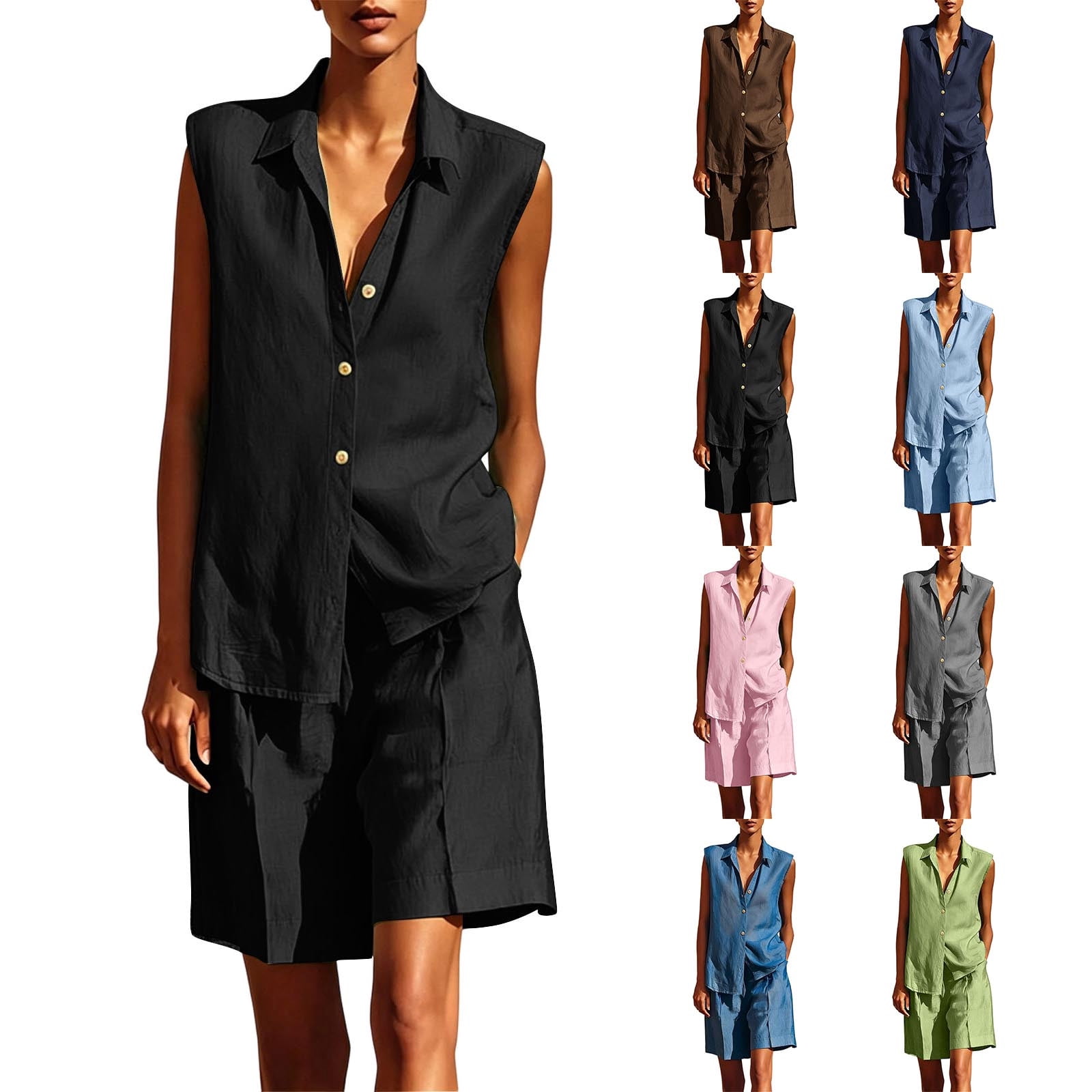 akafmk Womens 2 Piece Shorts Set Summer Sleeveless Button Down Shirt ...