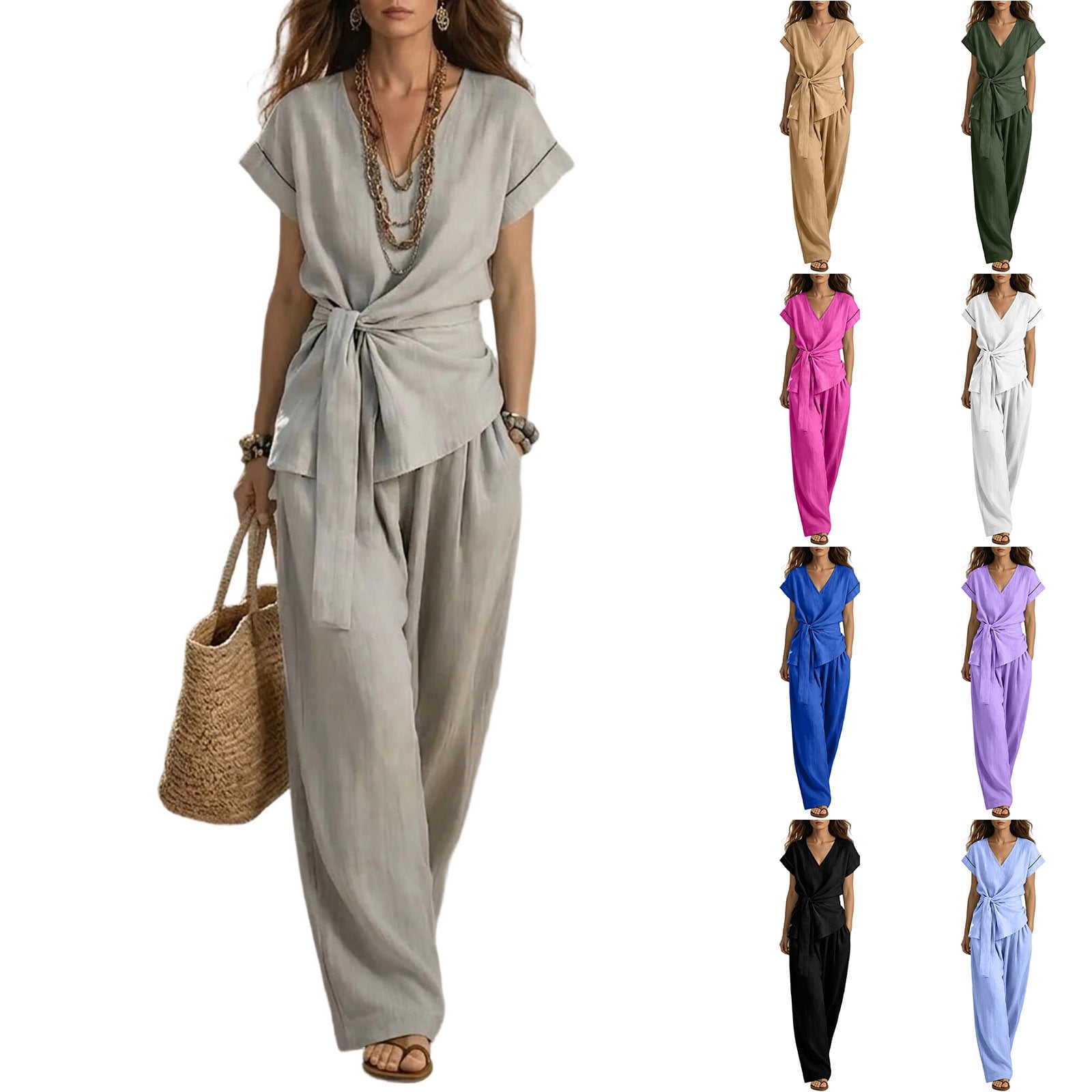 akafmk Womens Linen 2 Piece Sets Dressy Front Twists Short Sleeve ...