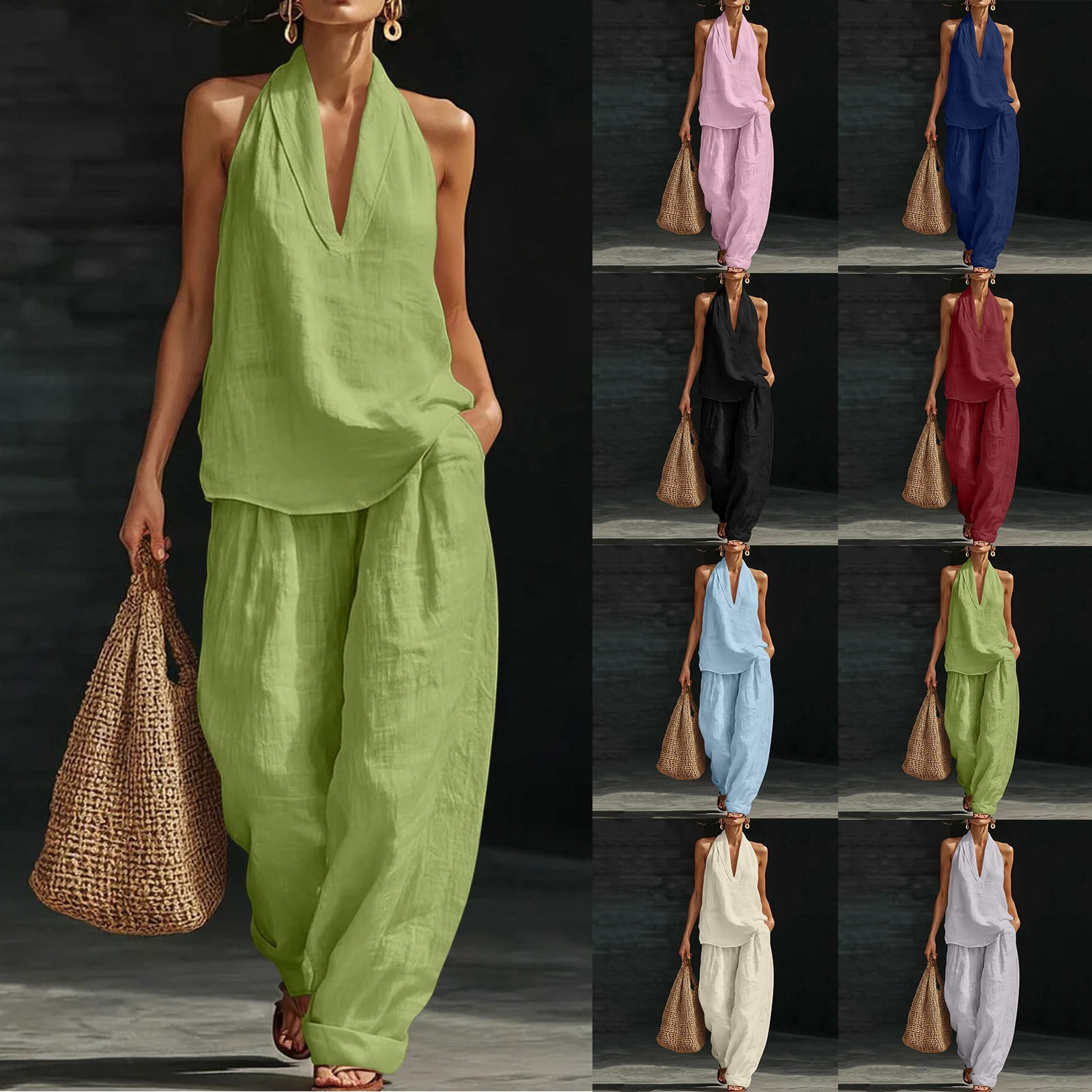 akafmk Womens Linen 2 Piece Sets Fashions Sleeveless V Neck Top ...