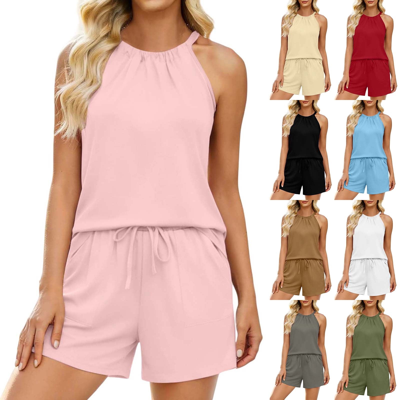akafmk Womens Pajamas 2 Piece Sets Summer Halters Tied Loungewear ...