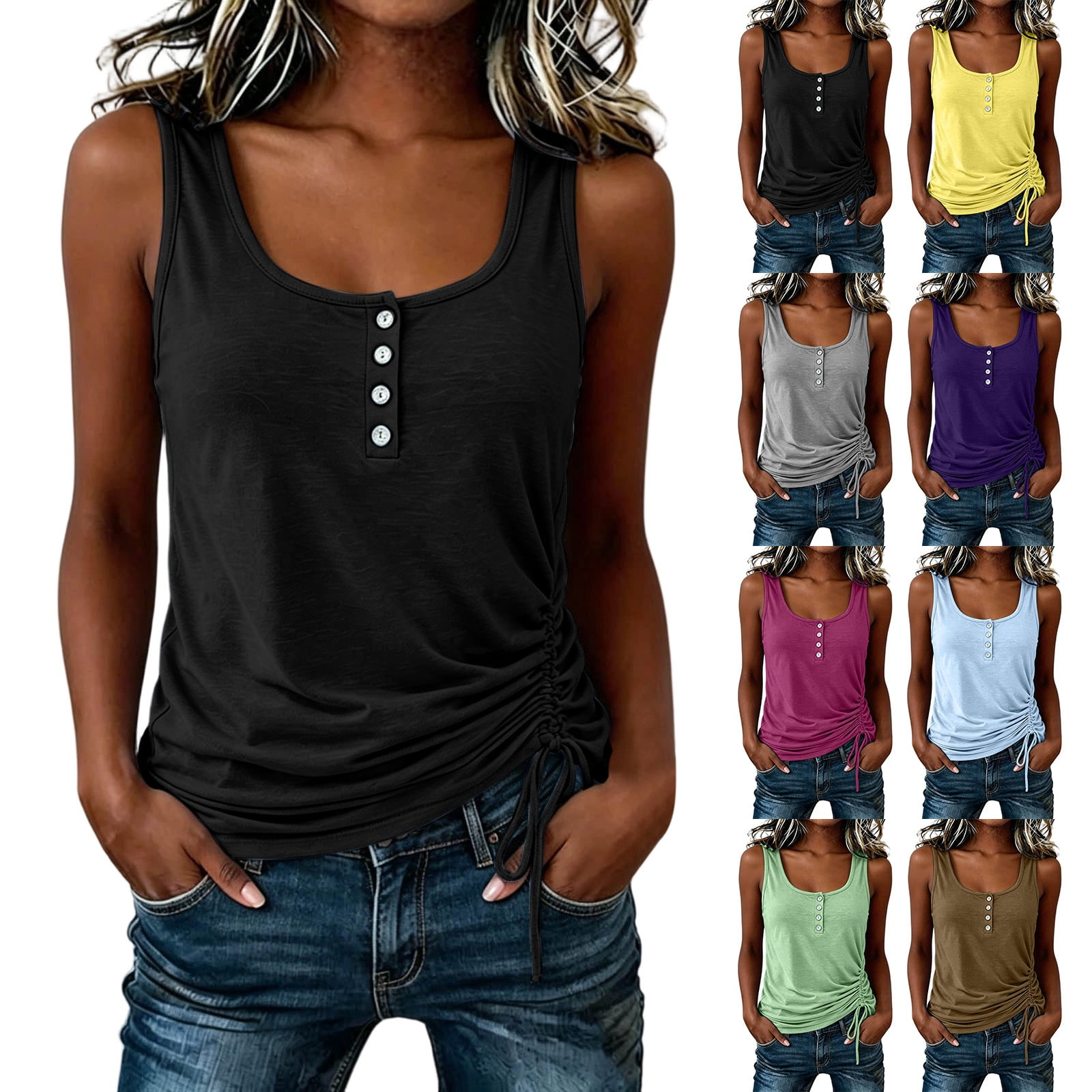 akafmk Womens Sleeveless Tank Tops Side Drawstring Button Comfortable ...