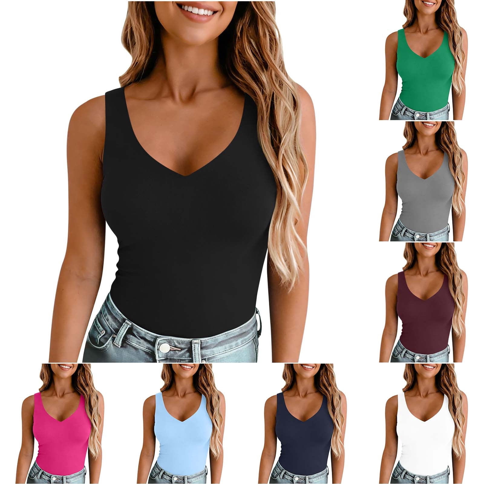 akafmk Womens Slim Tank Tops V-Neck Sleeveless Tanks Comfortable Casual ...