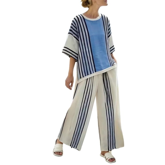 akafmk Womens Striped 2 Piece Sets Boho Loose Half Sleeve Tshirt and ...