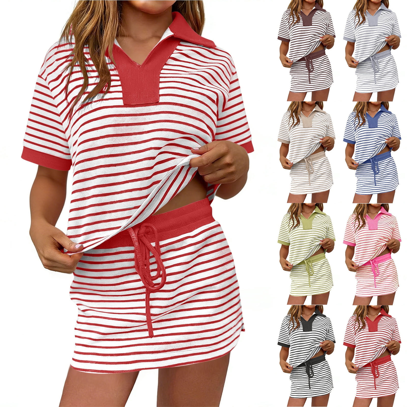 akafmk Womens Striped 2 Piece Sets Summer Sweatshirt Skirt Set Short ...