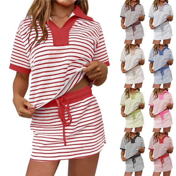 akafmk Womens Striped 2 Piece Sets Summer Sweatshirt Skirt Set Short ...