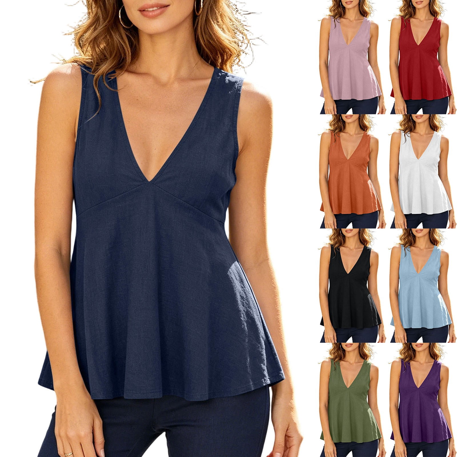 akafmk Womens V-Neck Sleeveless Tops Fashion Ruched Shirts Comfortable ...