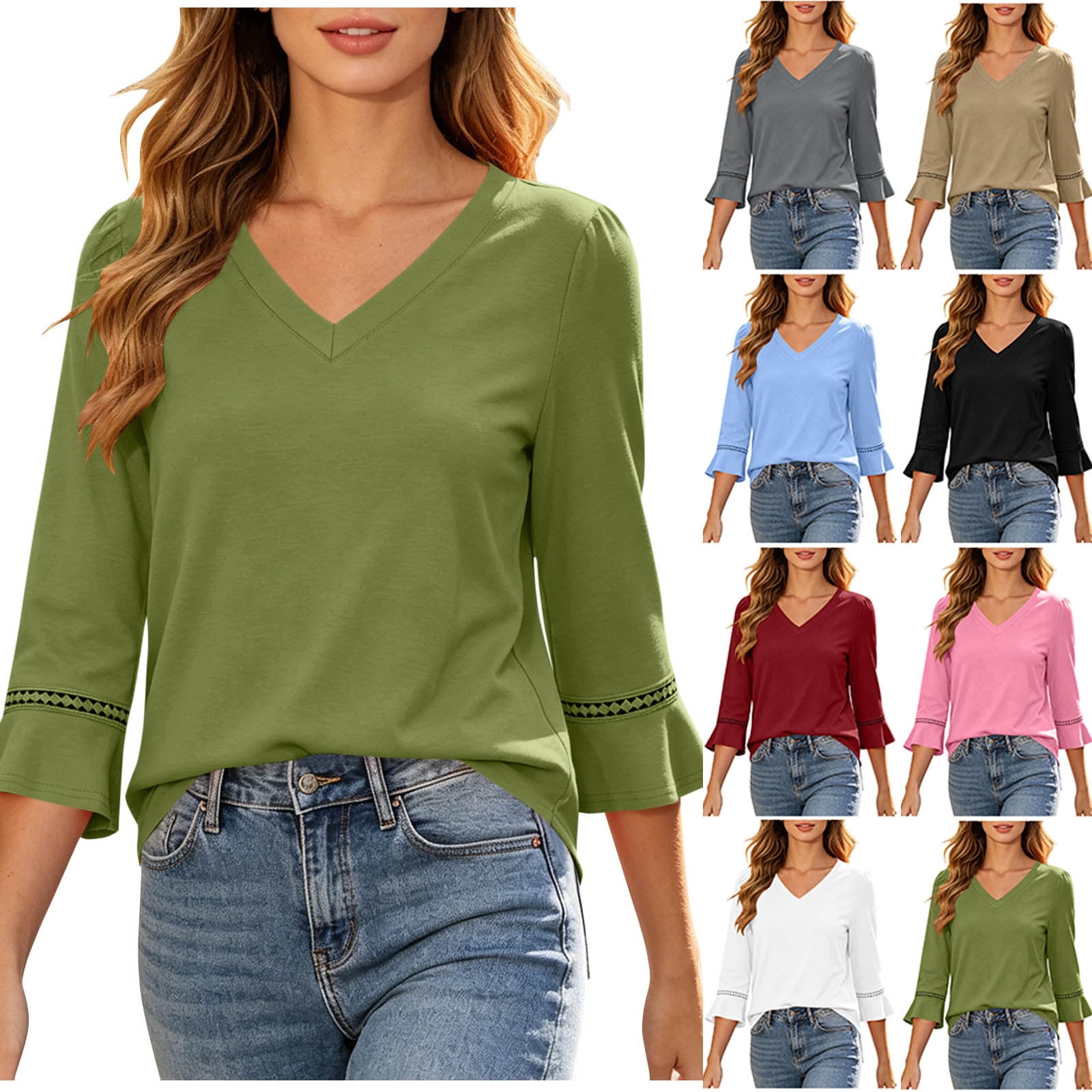akafmk Womens V Neck Tops 3/4 Sleeve Lace Casual Blouse for Summer ...