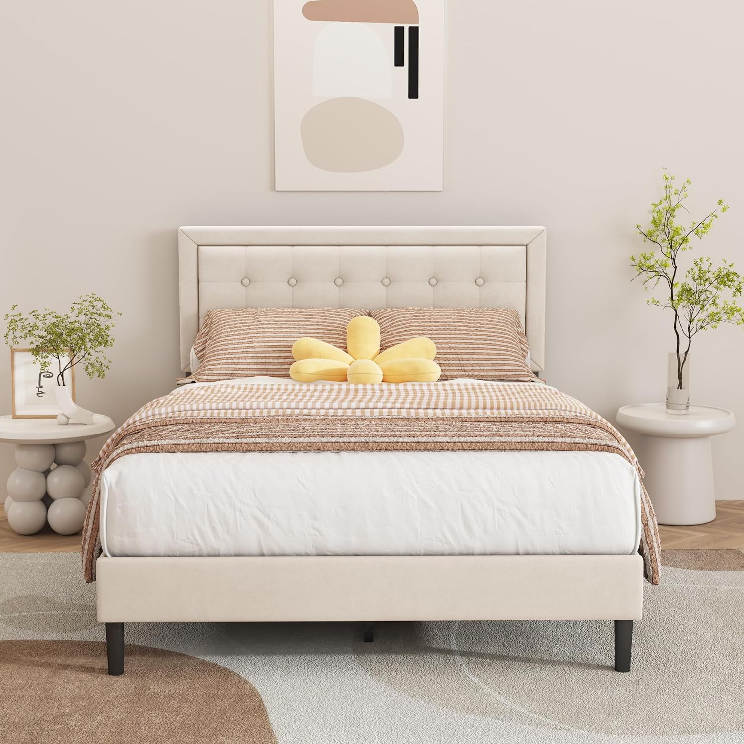 alazyhome Full Size Beige Modern Upholstered Platform Bed Frame with ...