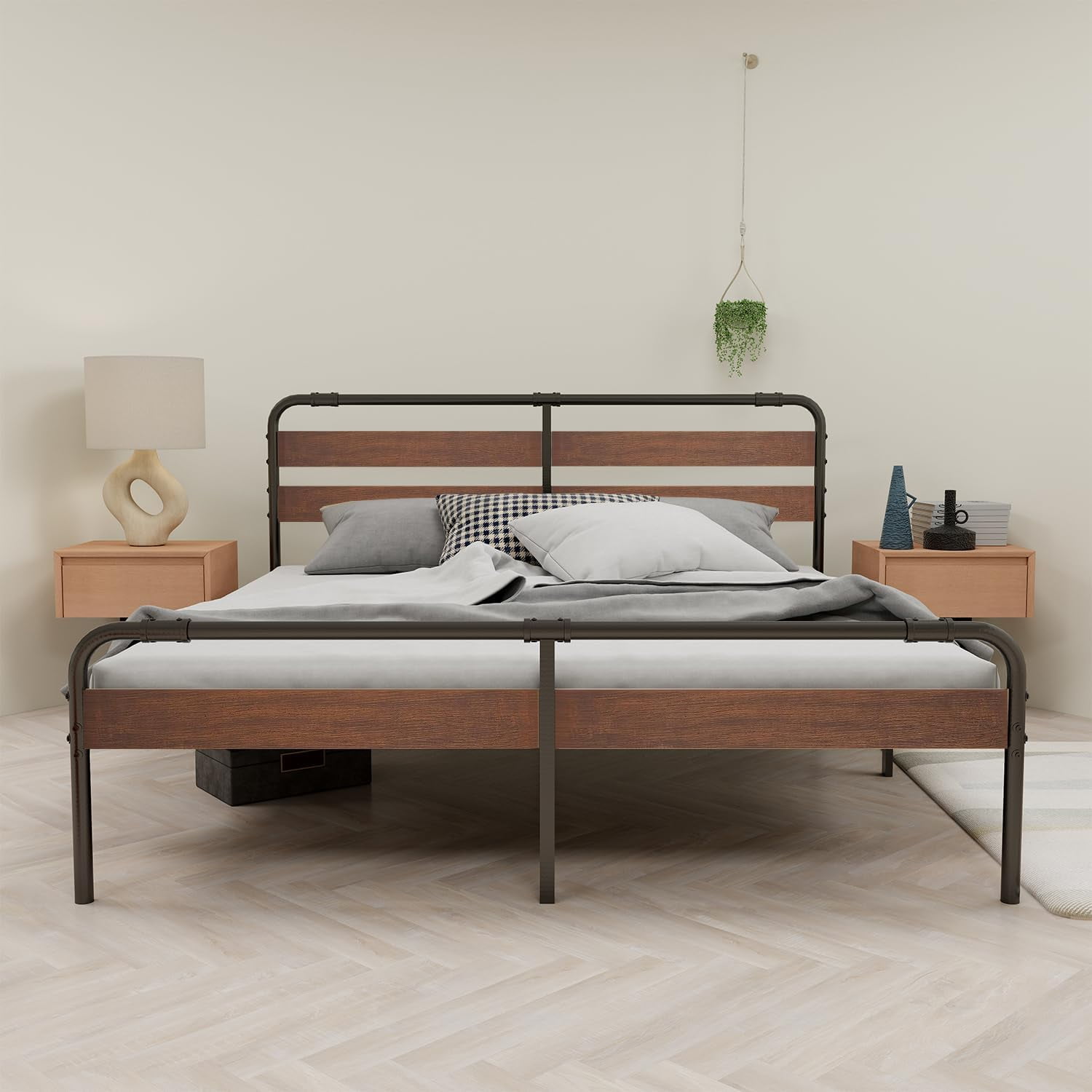 alazyhome King Size Metal Platform Bed Frame with Wooden Headboard ...
