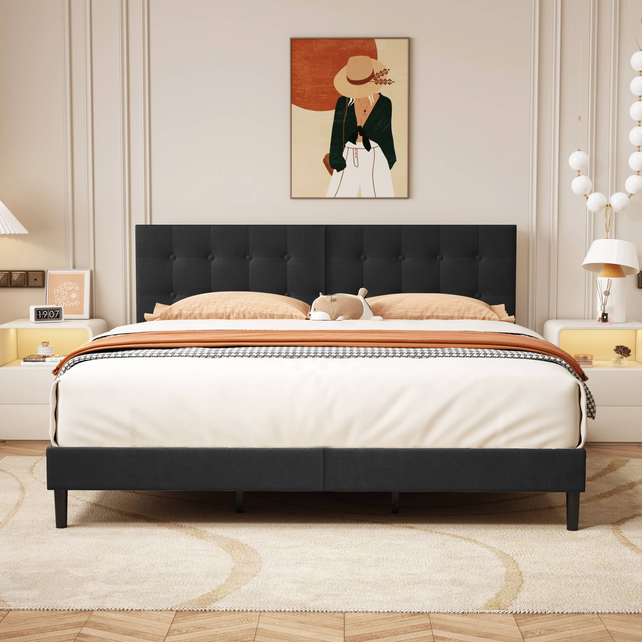 Alazyhome King Size Upholstered Padded Platform Bed Frame with Button ...